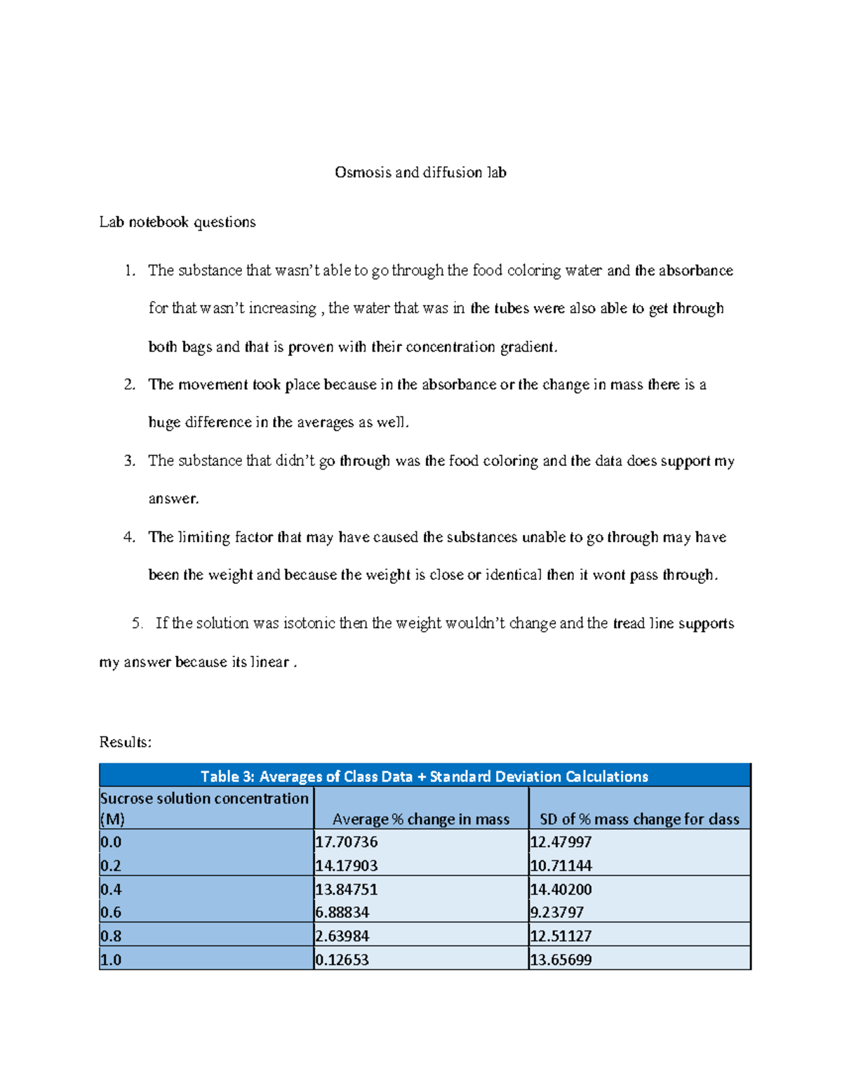 Lab report 4 - Osmosis and diffusion lab Lab notebook questions The ...