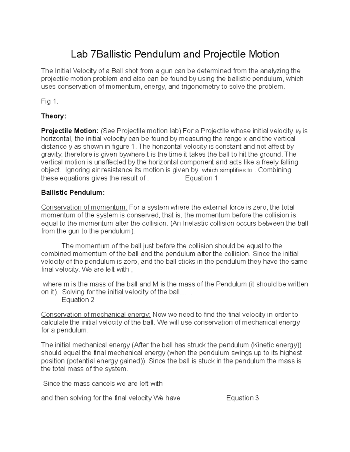 Ballistic Pendulum And Projectile Motion Fig 1 Theory Projectile Motion See Projectile