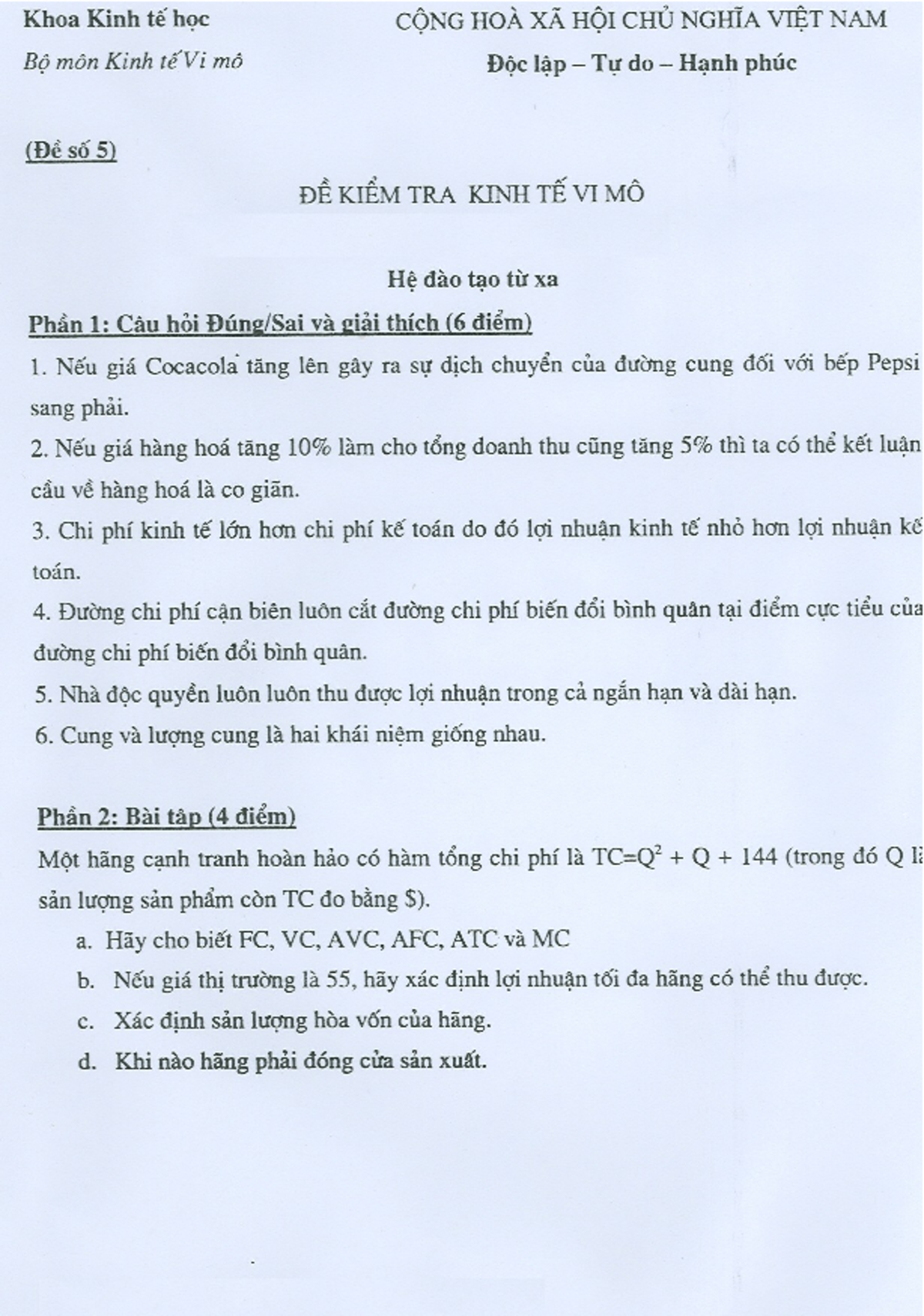 De thi tu luan vi 1 - he dao tao tu xa - Kinh tế vi mô 1 - Studocu