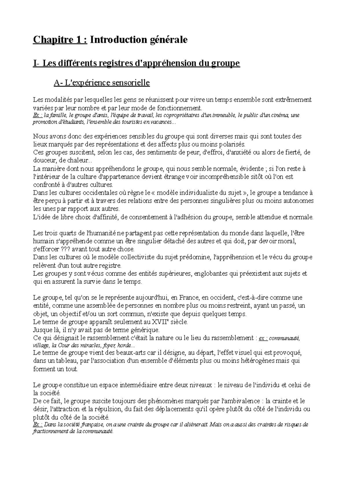 Approche sociale du groupe - Chapitre 1 : Introduction générale I- Les ...