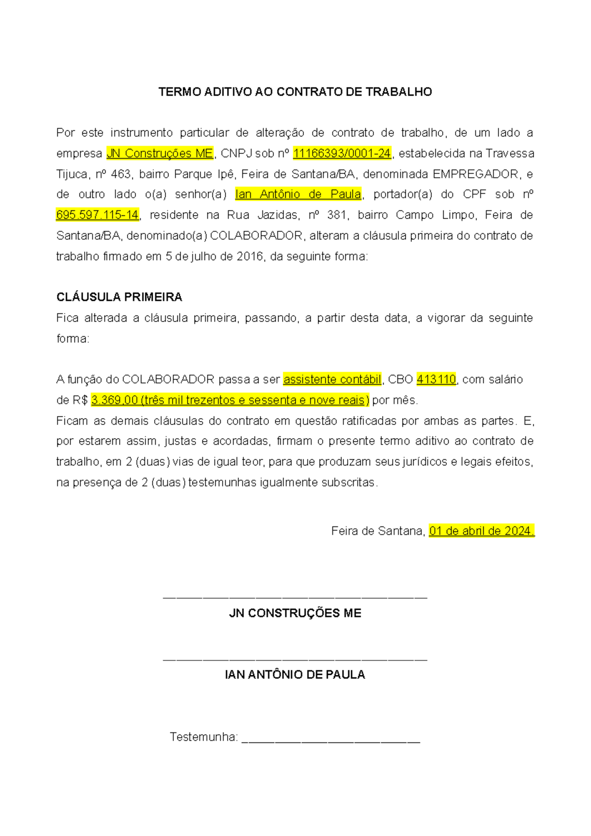 Atividade 3 modelo 1 - TERMO ADITIVO AO CONTRATO DE TRABALHO Por este ...