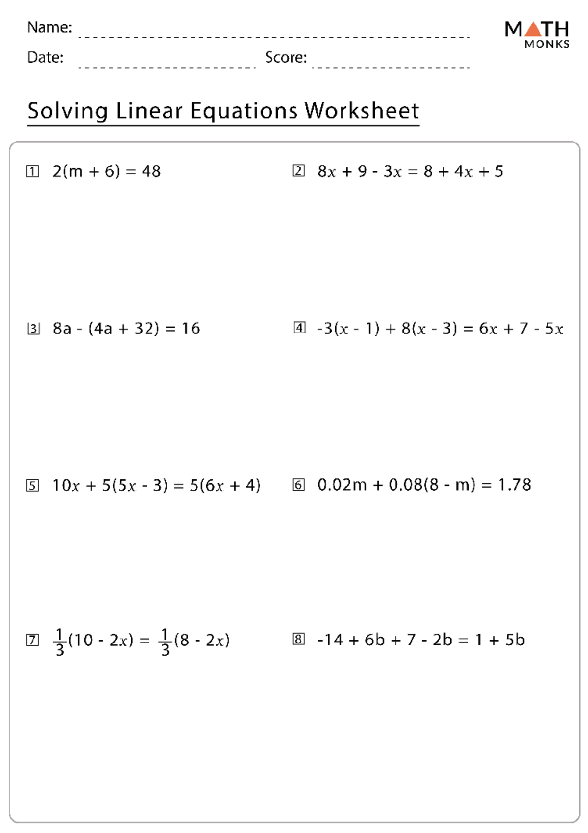 Linear Equations Practice Worksheet - Mathematics Education - Name ...