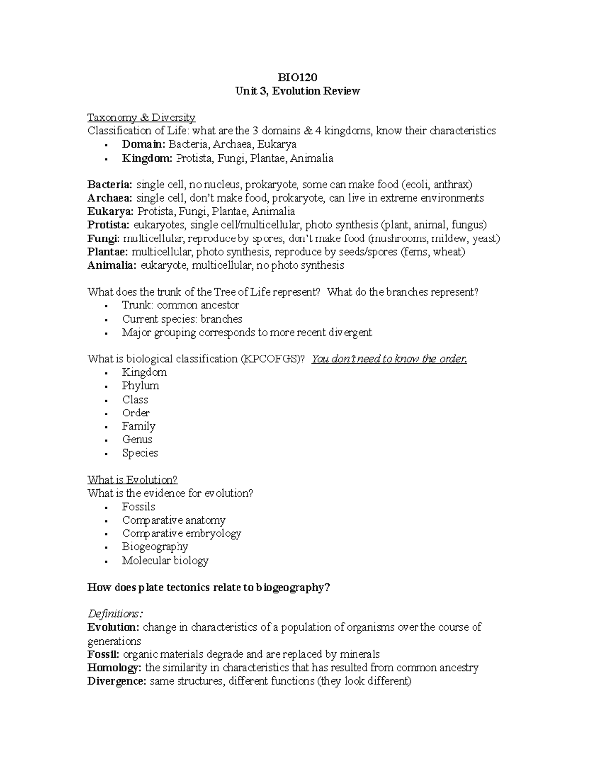Unit 3 Review - Lecture notes unit 3 - BIO120 Unit 3, Evolution Review ...
