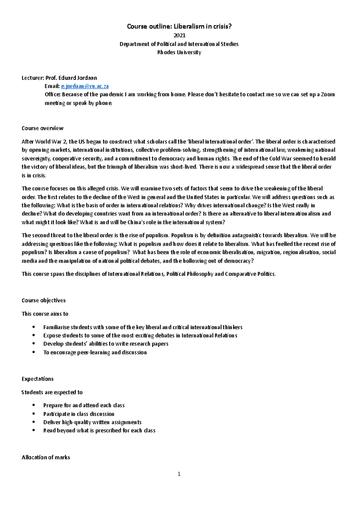 Course outline Liberal order in crisis 11 March 2021 - Course outline ...
