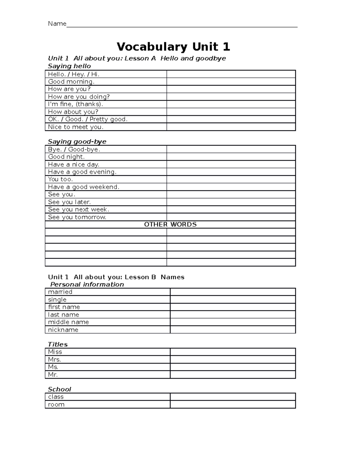 Vocabulary UNIT 1 and 2 - son unos apuntos sencillos pero funcionales ...