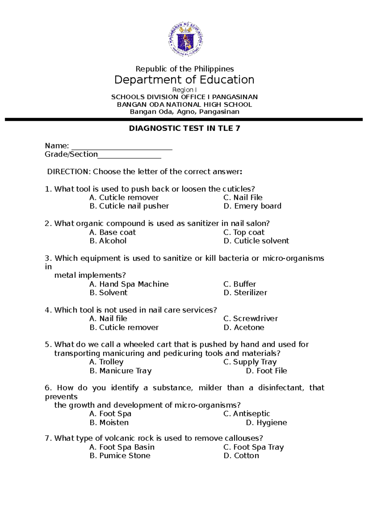 TLE 7 Diagnostic TEST NEW - Republic of the Philippines Department of ...