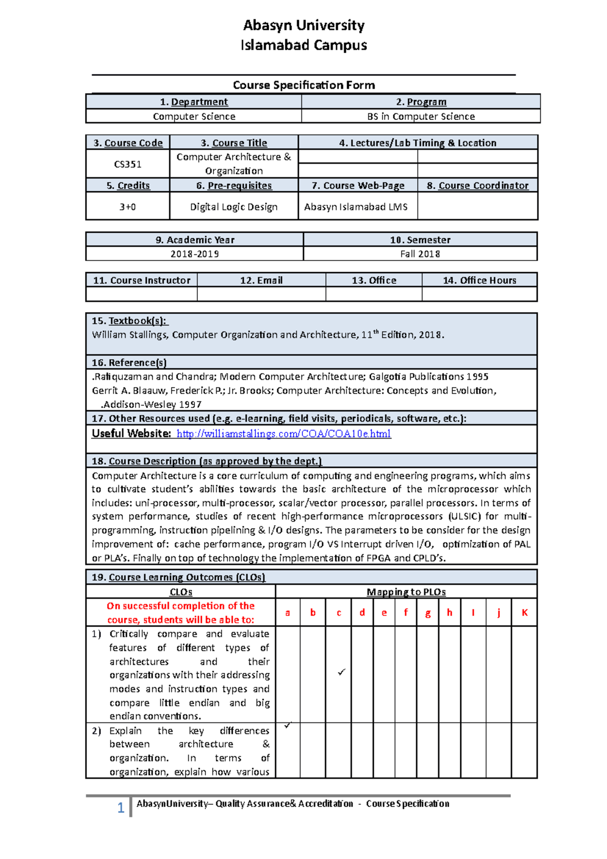 [CS351] [CAO] [Course-Specification-Form] [Fall 18] - Abasyn University ...