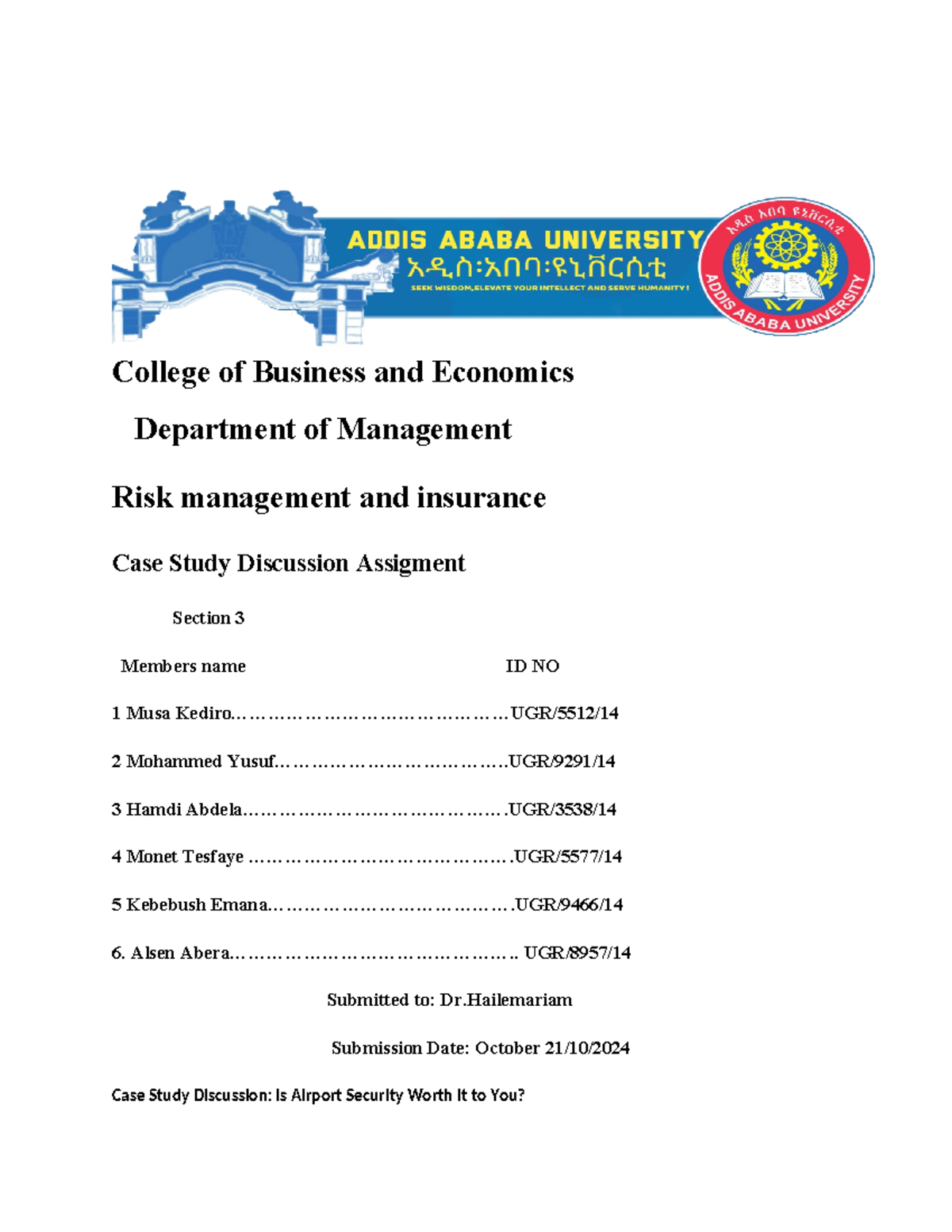 Assignment of risk management and insurances - College of Business and ...