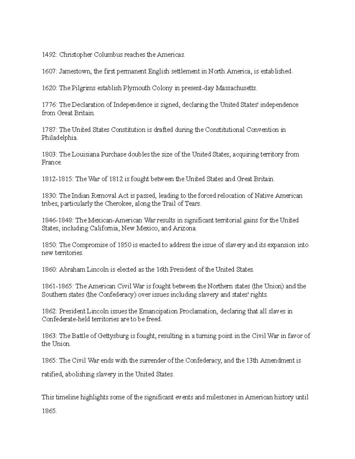Timeline of American History until 1865 - 1492: Christopher Columbus ...