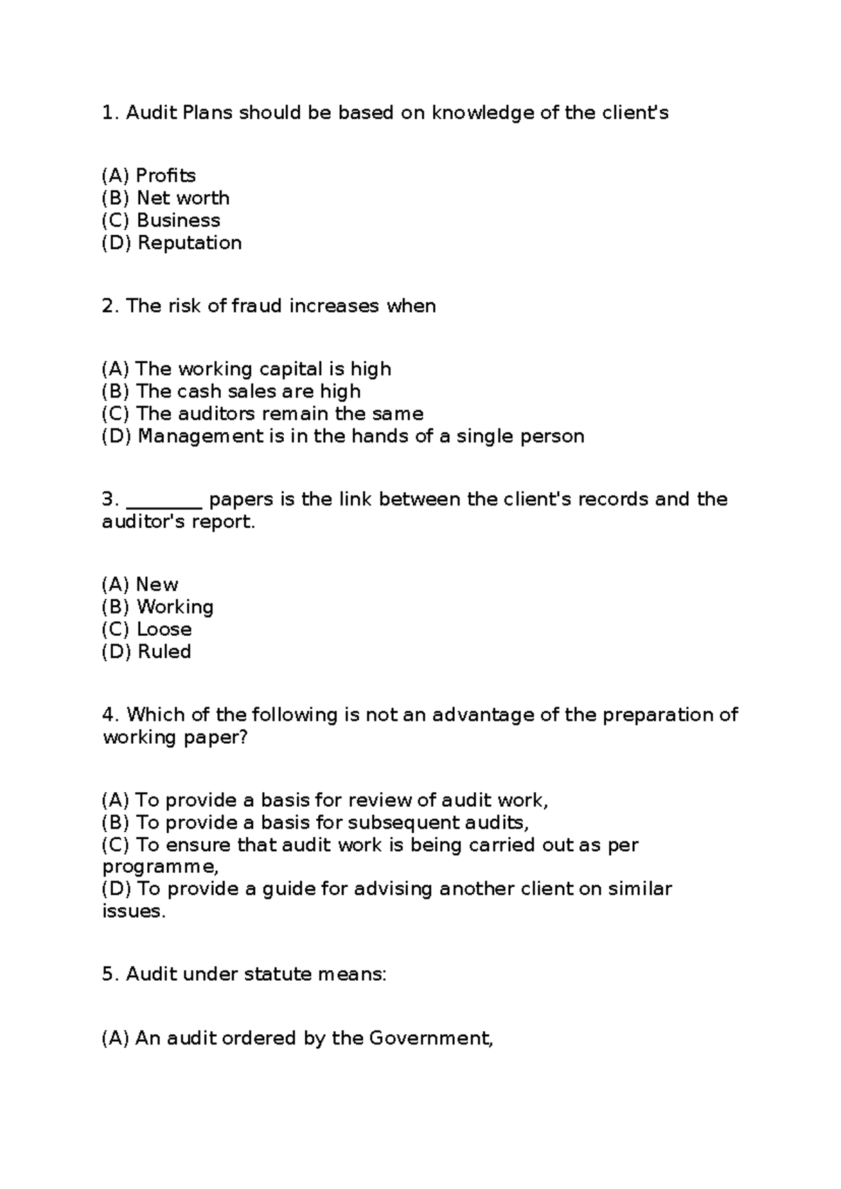 Audit plan. Exercise - for understanding - Audit Plans should be based ...