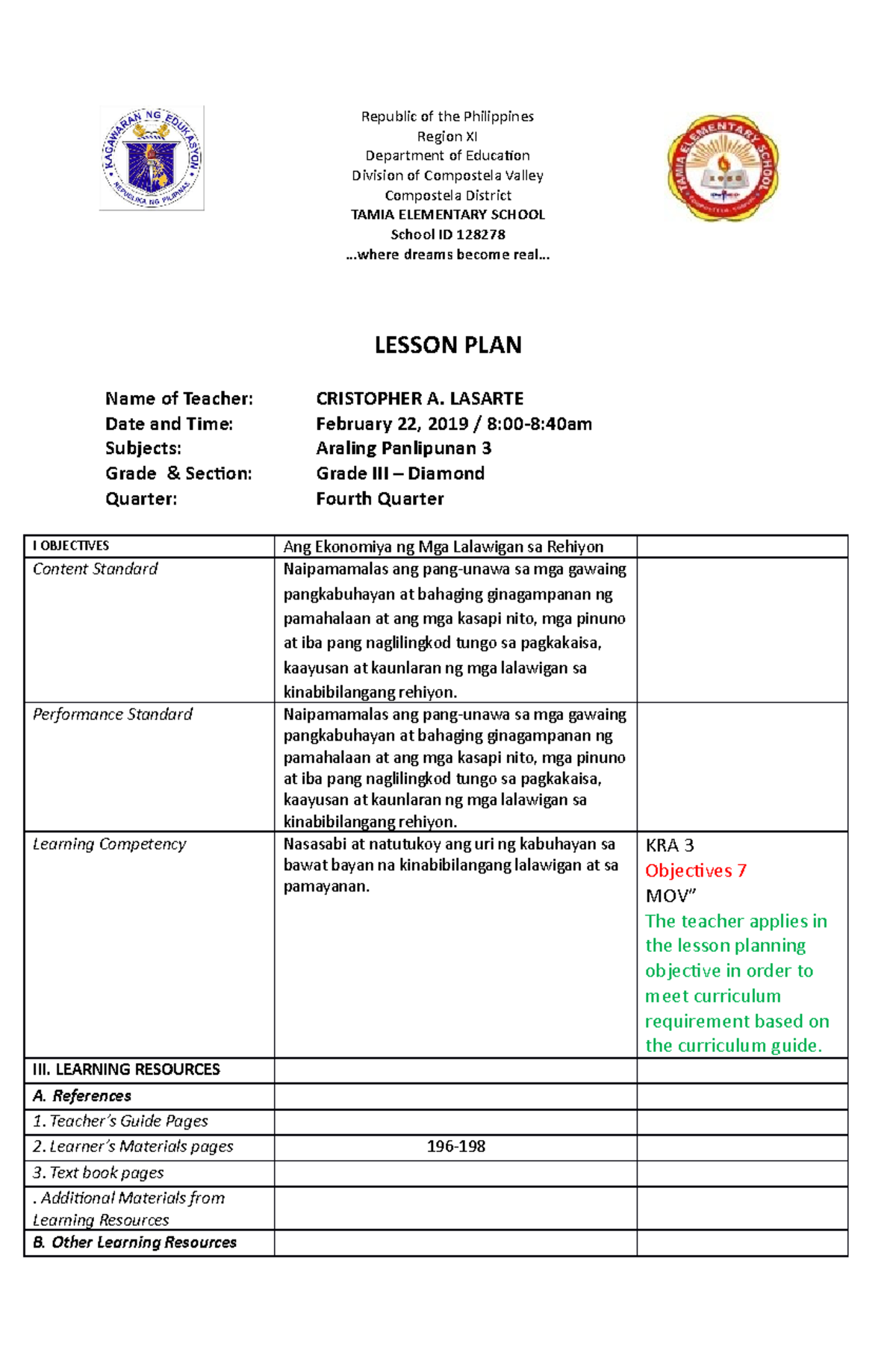Grade 3 COT DLP Q4 Araling Panlipunan by Sir Cristopher A. Lasarte - Republic of the Philippines ...