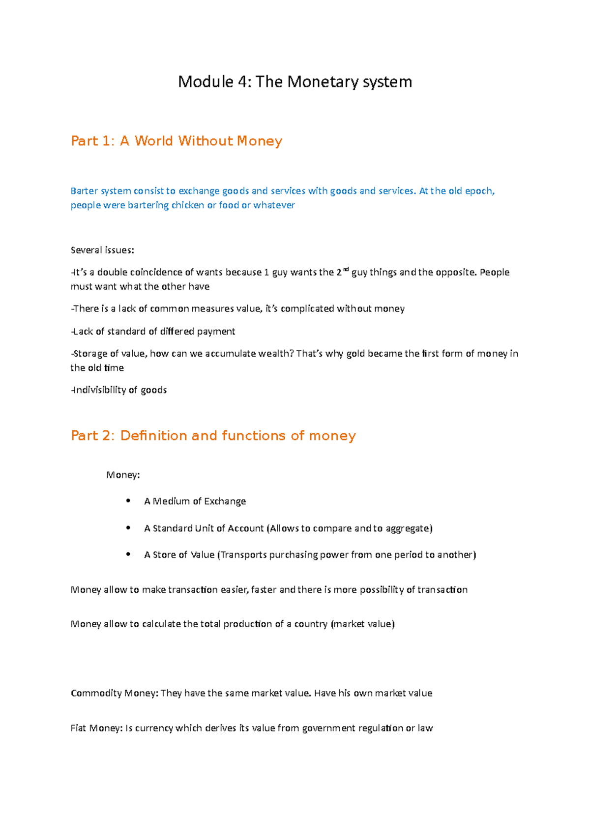 Module 5 The Monetary system - Module 4: The Monetary system Part 1: A ...