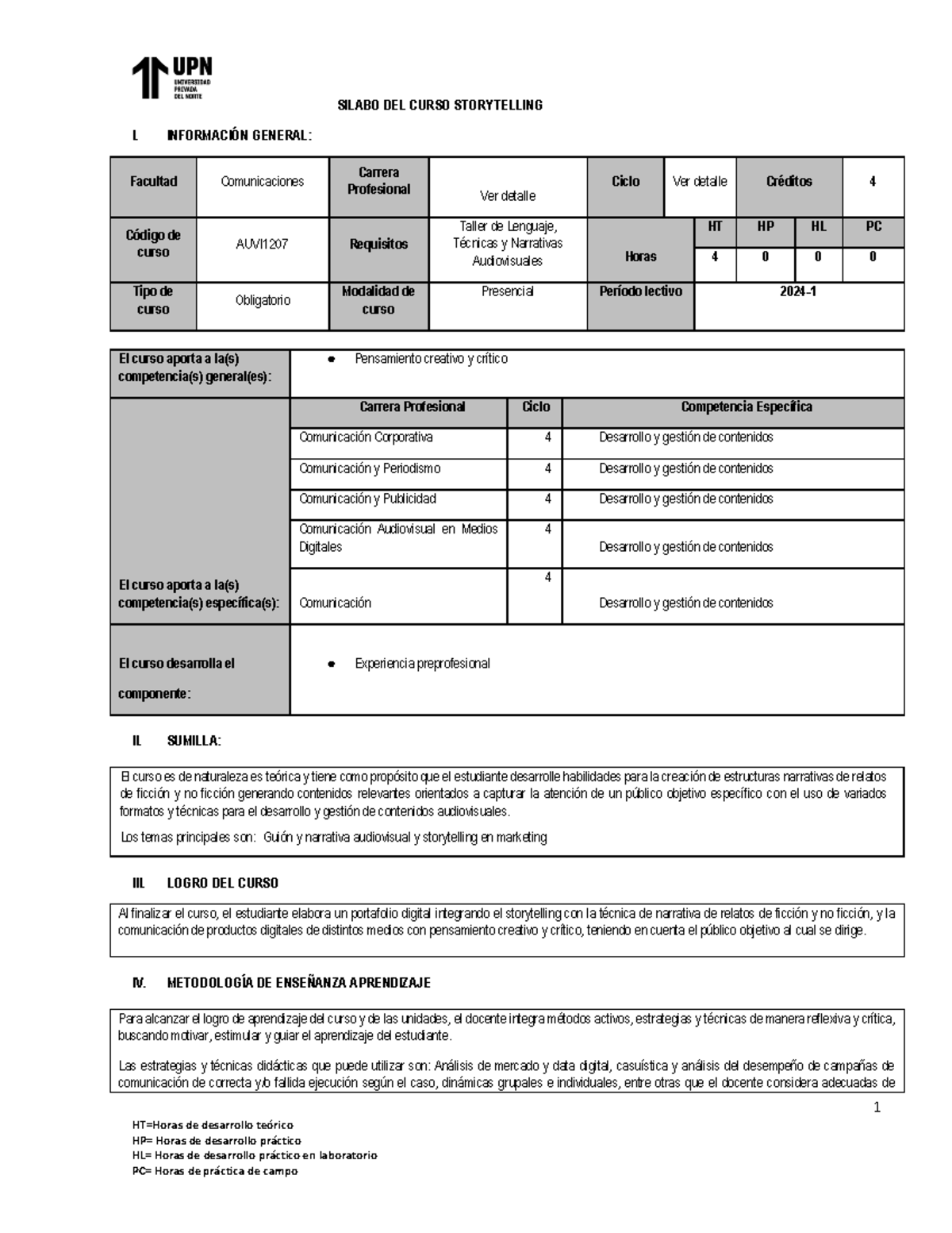 Storytelling - silabo - 1 HT=Horas de desarrollo teórico HP= Horas de desarrollo práctico HL ...