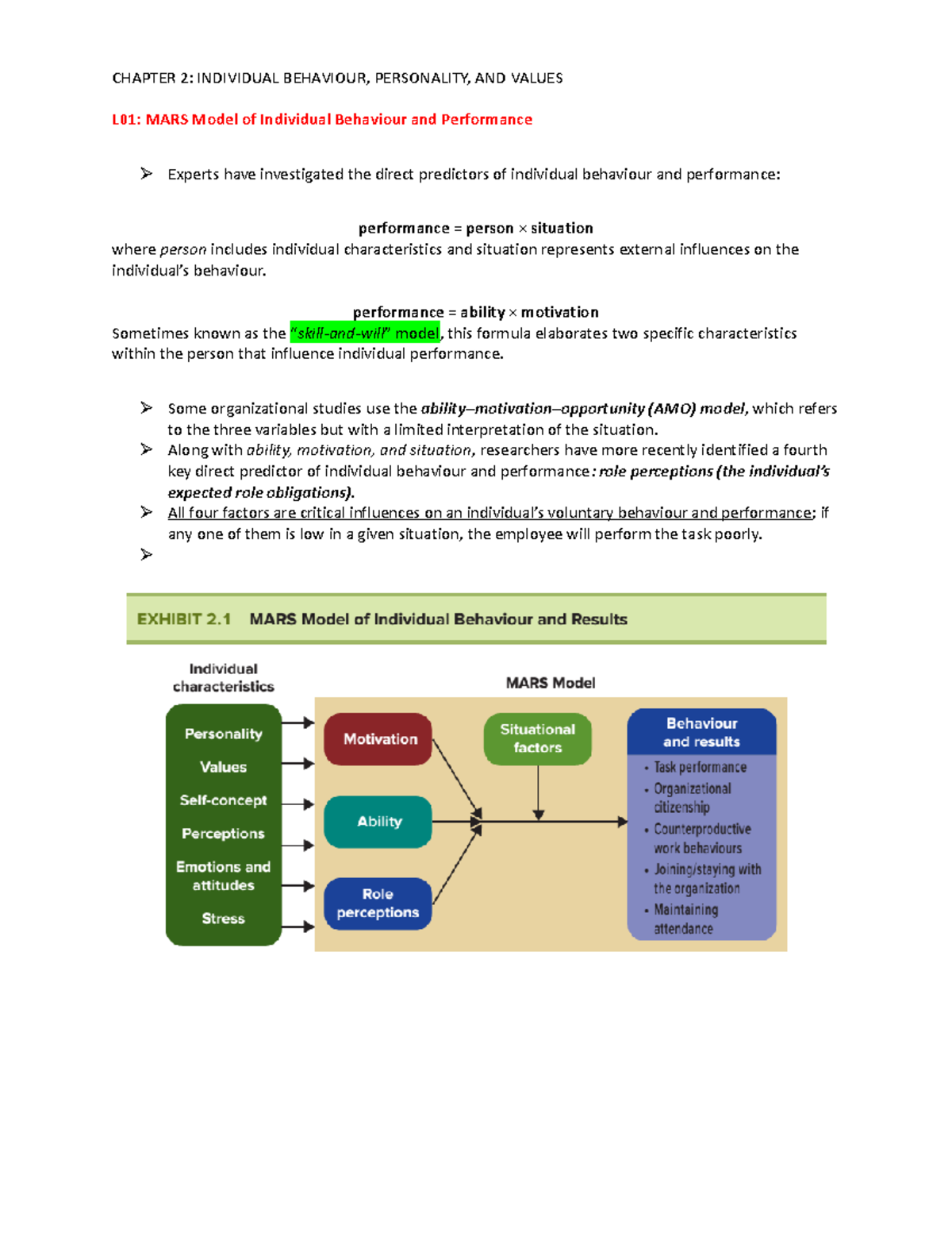 Notes Chapter 2 - CHAPTER 2: INDIVIDUAL BEHAVIOUR, PERSONALITY, AND ...