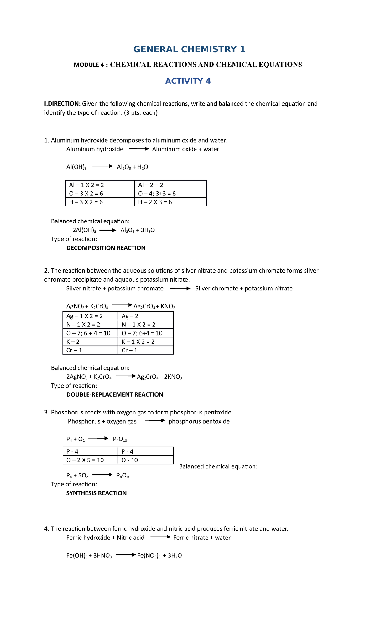 WK4-M-GC1 - CHEMICAL REACTIONS AND CHEMICAL EQUATIONS - GENERAL ...