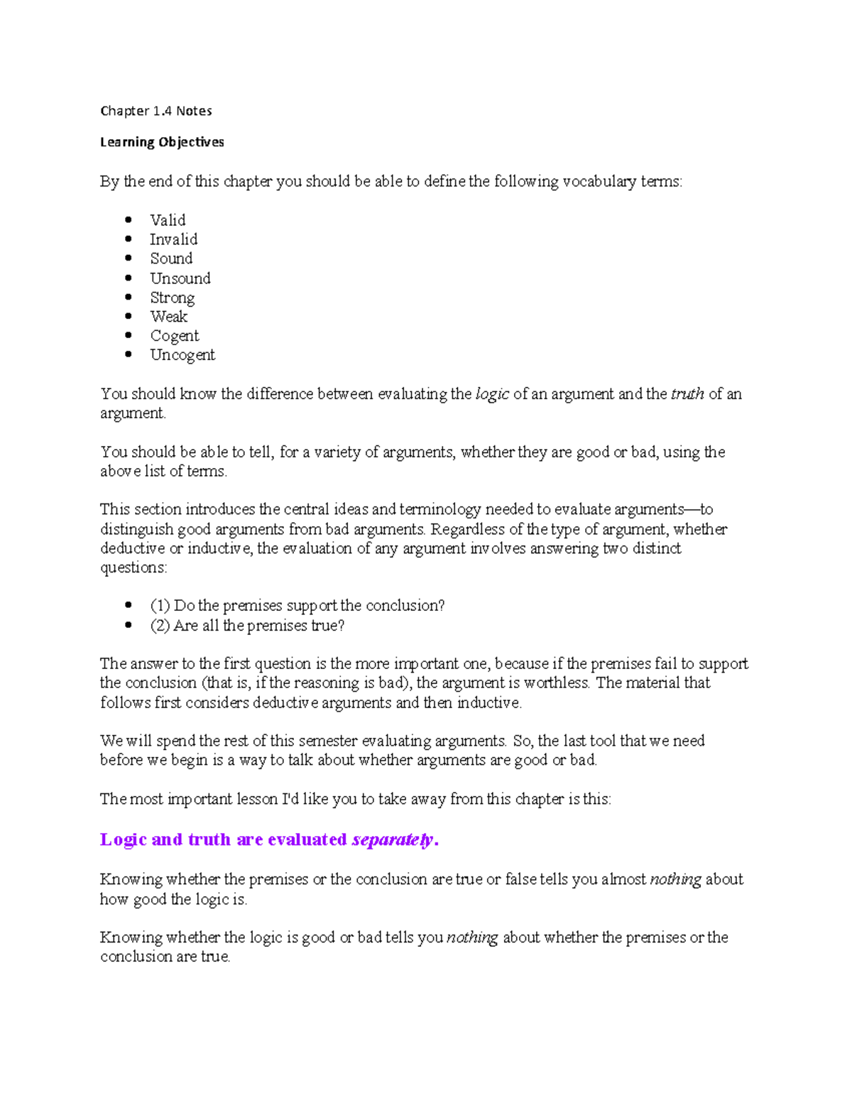 Chapter 1.4 Notes - Chapter 1 Notes Learning Objectives the end of this ...