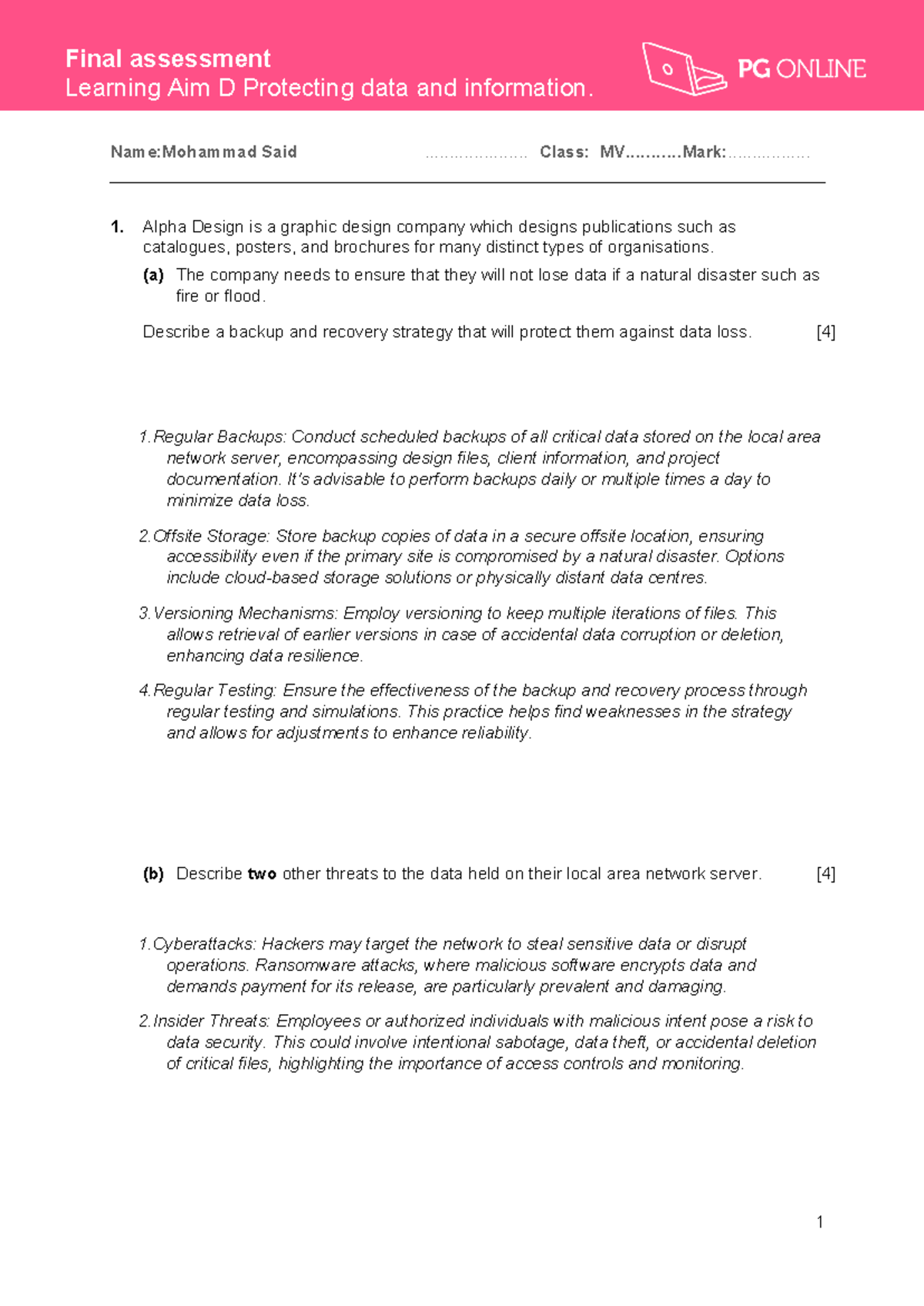 Pack D Final Assessment - Learning Aim D Protecting data and ...