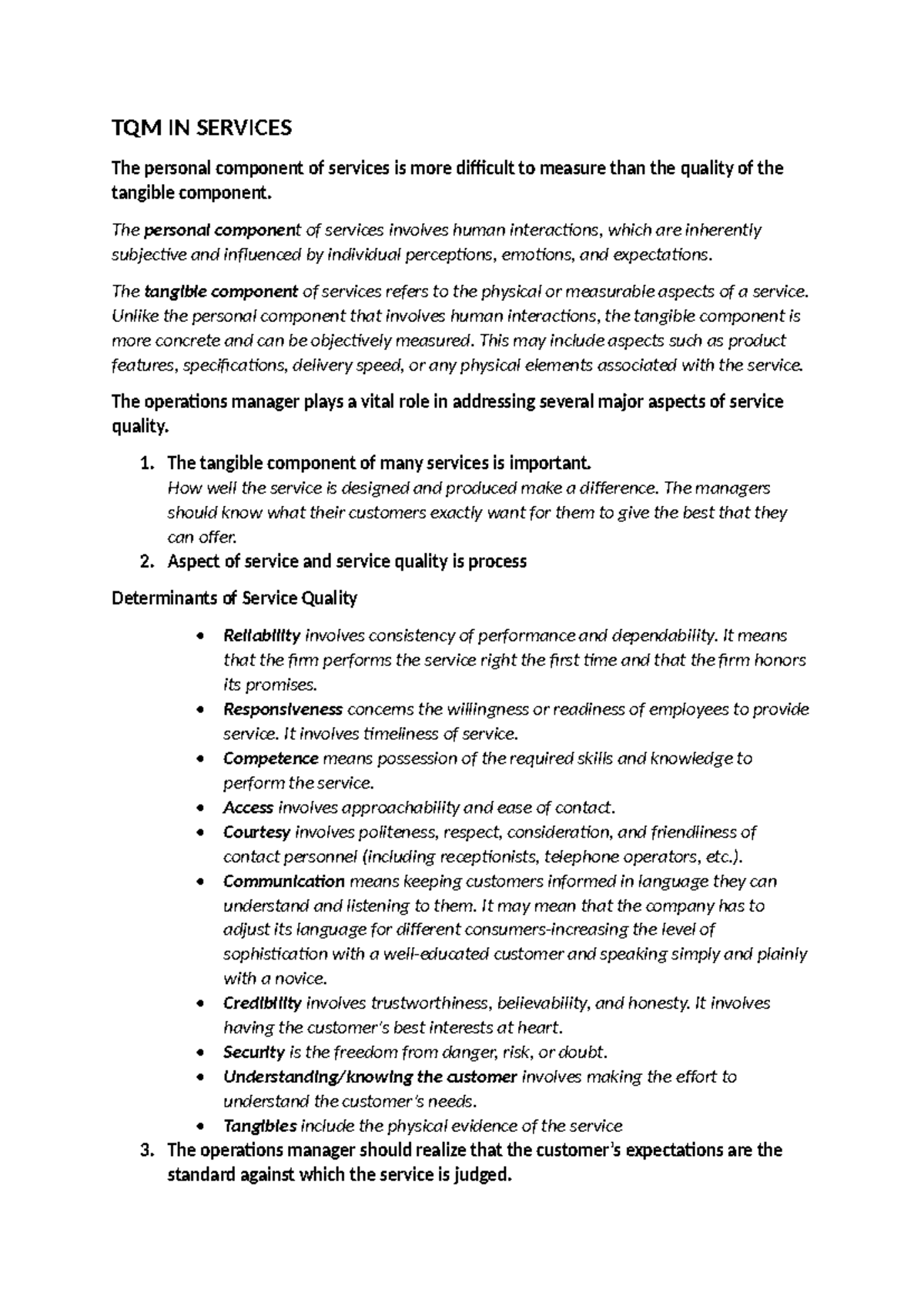 TQM - For review. - TQM IN SERVICES The personal component of services ...