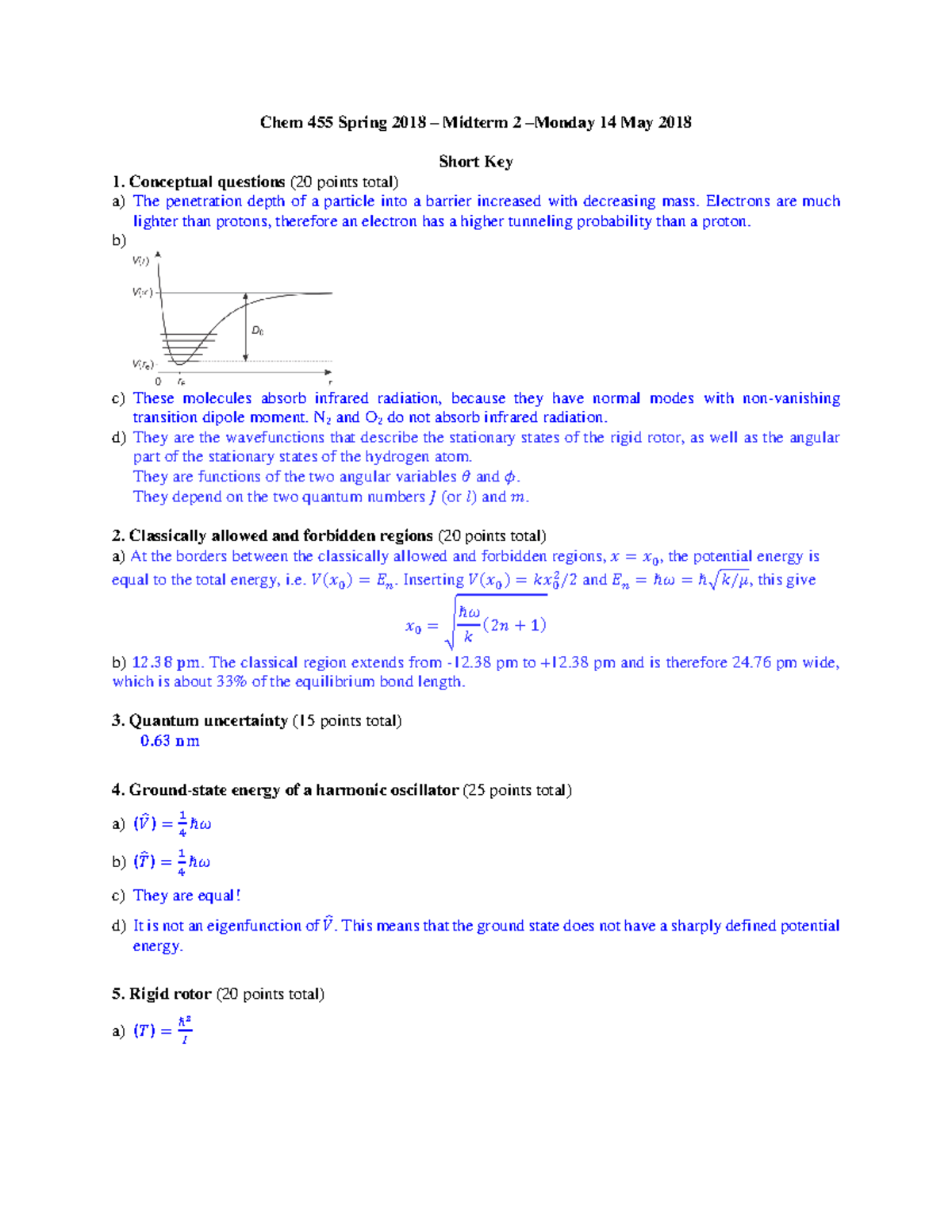 Chem455A Sp2018 midterm 2 shortkey - Chem 455 Spring 2018 – Midterm 2 –Monday 14 May 2018 Short ...
