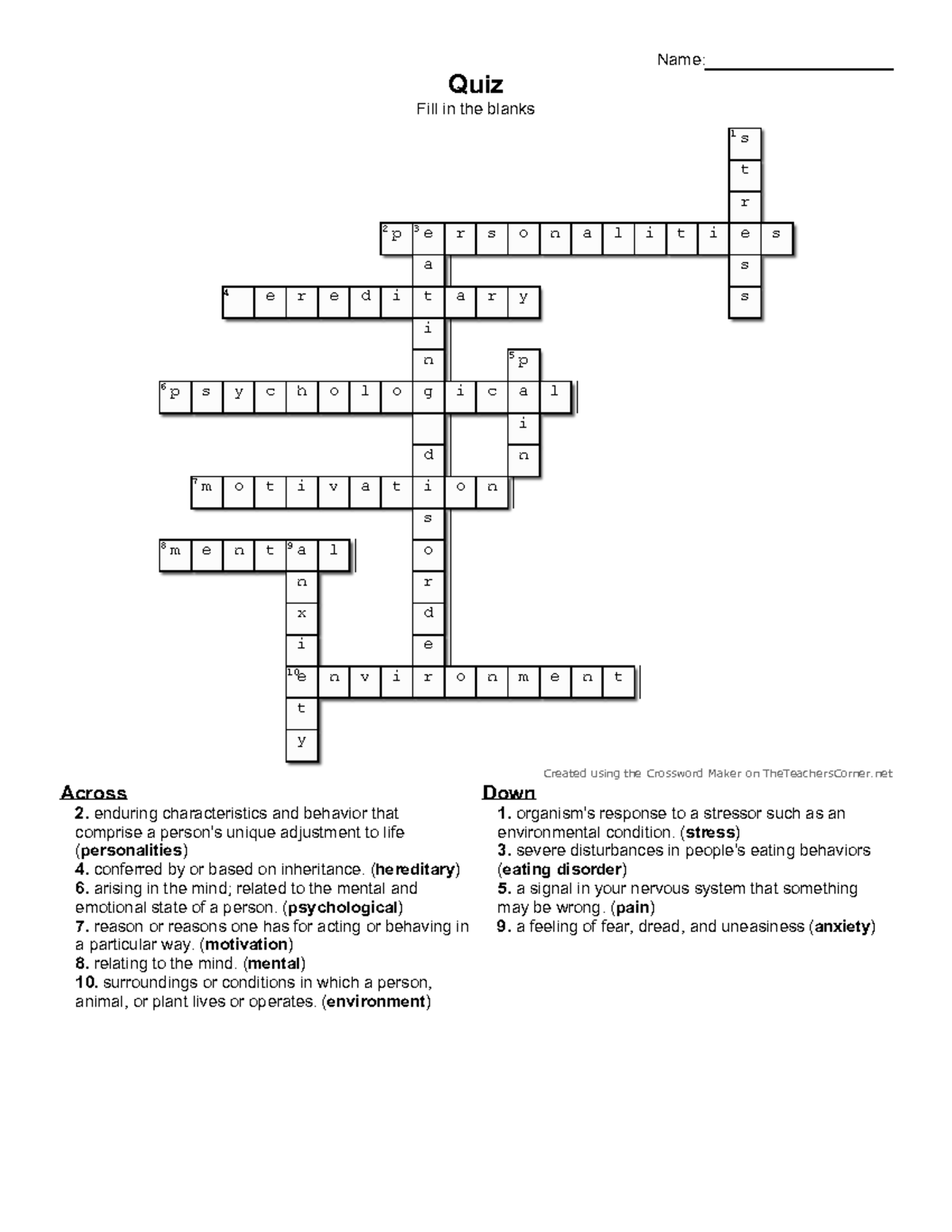 Crossword-pe Jdrr P 72M - Quiz Fill in the blanks Name: 1 s t r 2 p 3 e ...