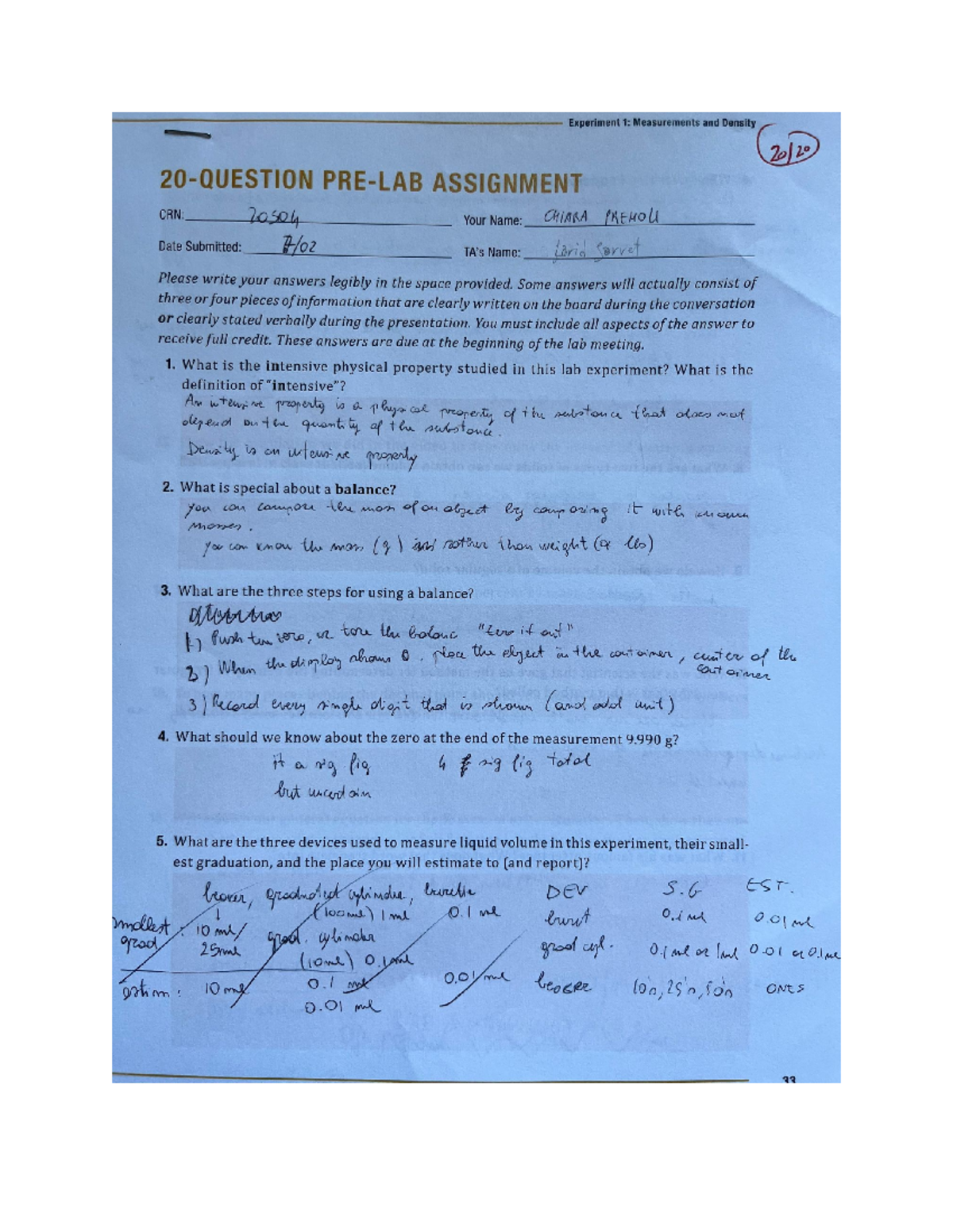 Doc1 - 20 pre-lab question and experiment 2 lab report, with all the corrections - Experiment 1 ...