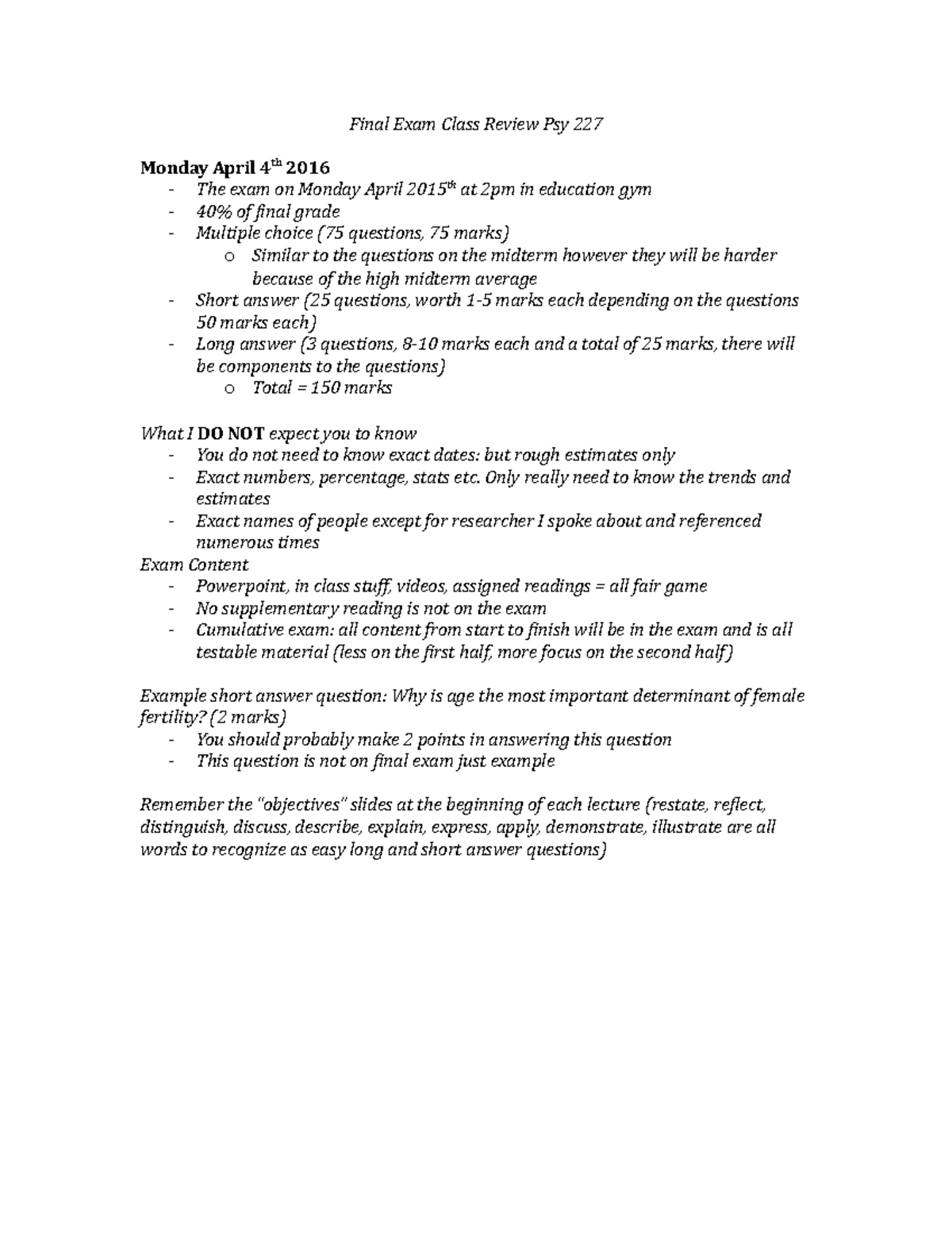 Final Exam Class Review Psy 227 - Only really need to know the trends ...