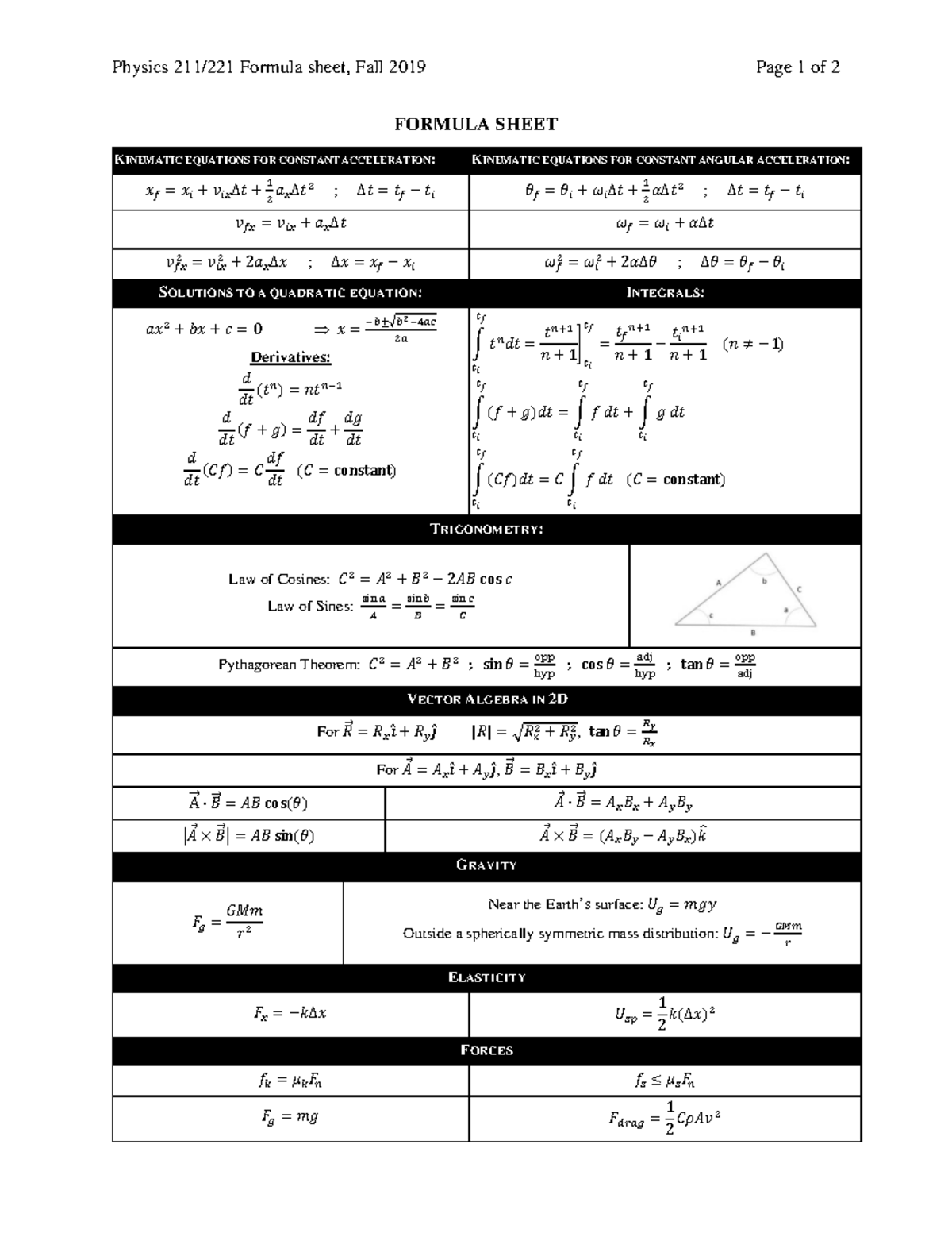 F2019 Formula sheet PHYS 211 221 - Warning: TT: undefined function: 32 Physics 211/221 Formula ...