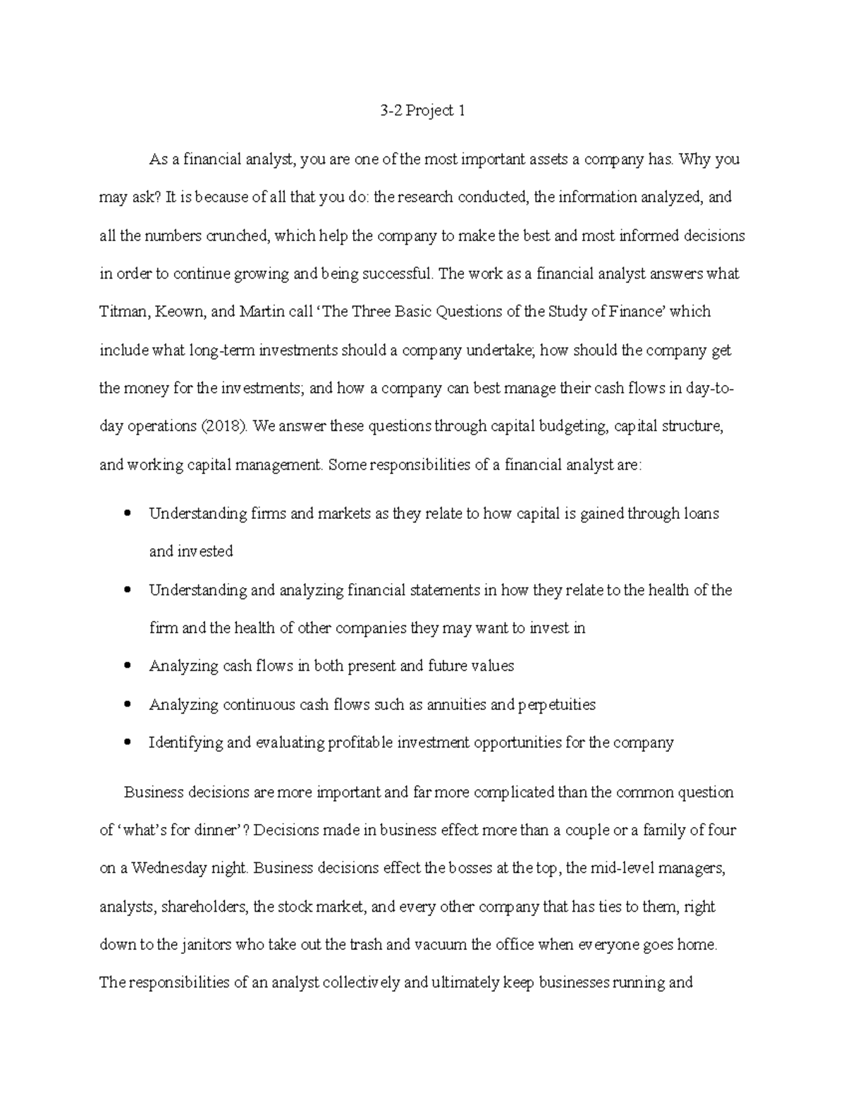FIN 320 3-2 Project - 3-2 Project 1 As a financial analyst, you are one ...