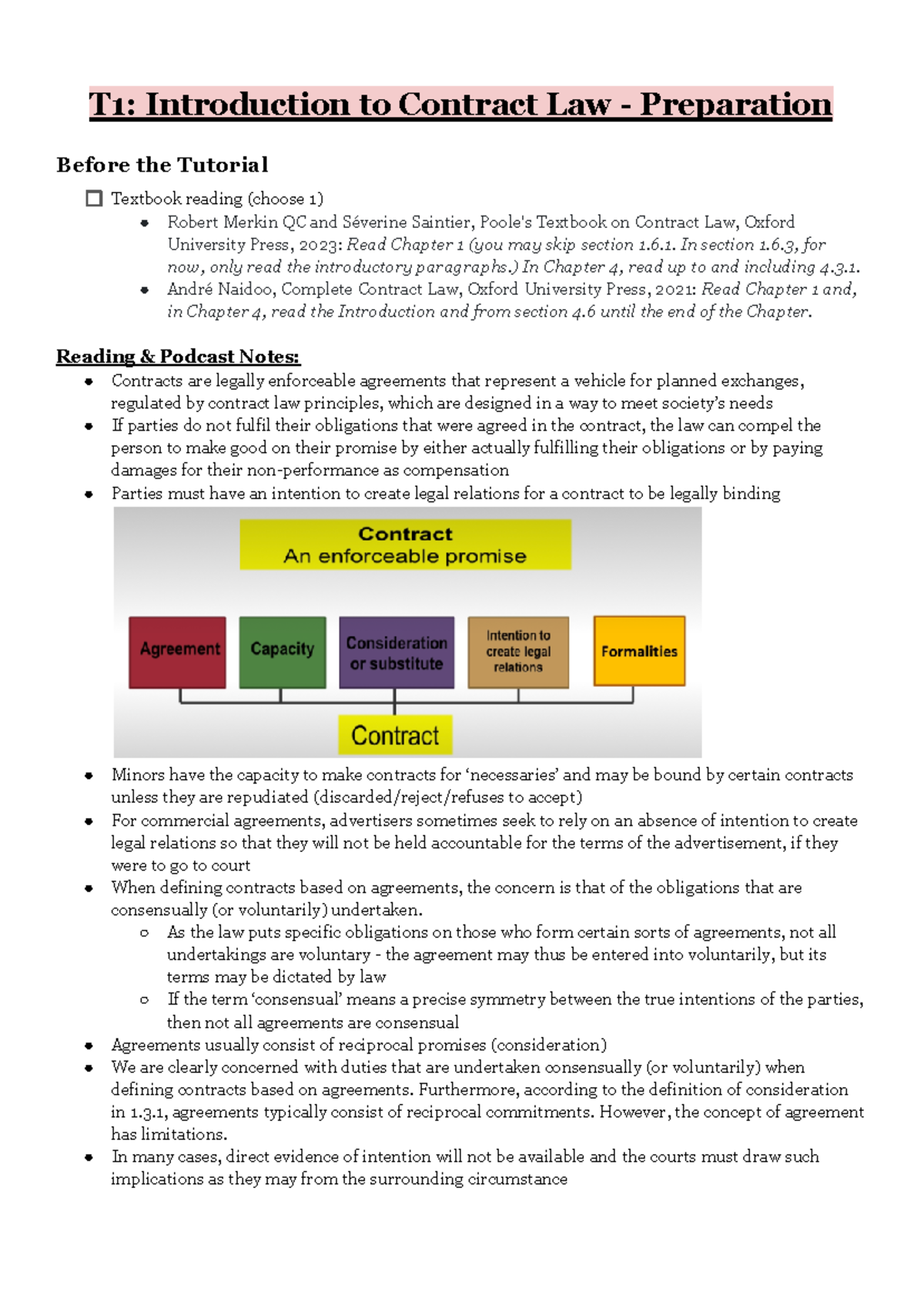 Tutorial 1 contract law - T1: Introduction to Contract Law - Preparation Before the Tutorial ...