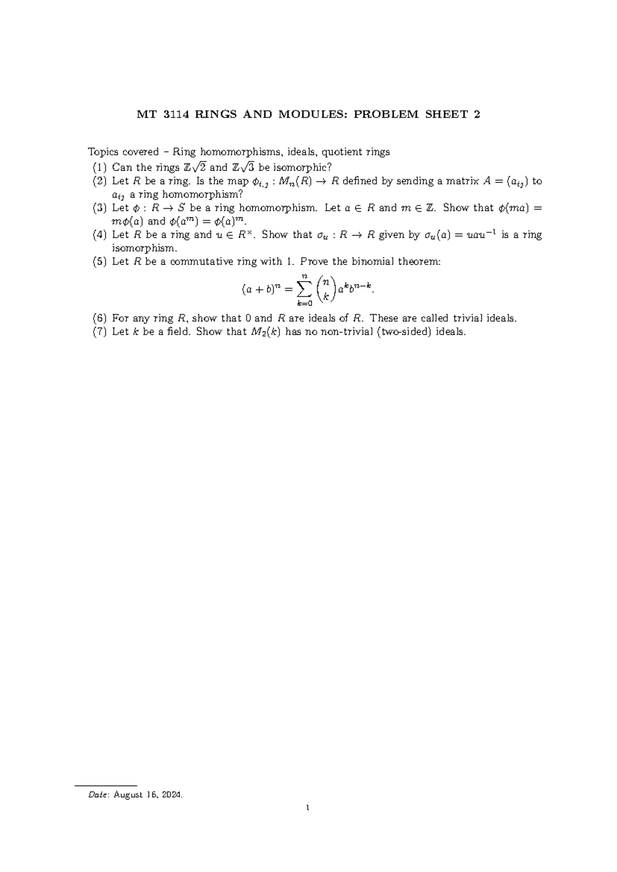 Problems sheet 2 - assaignment - MT 3114 RINGS AND MODULES: PROBLEM ...