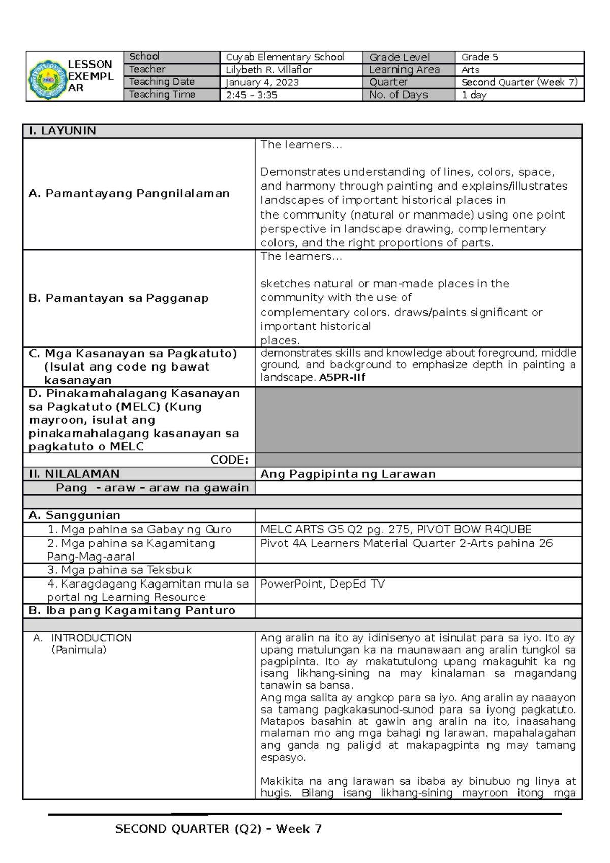 LE - Q2 Week 7 - ddd - LESSON EXEMPL AR School Cuyab Elementary School ...