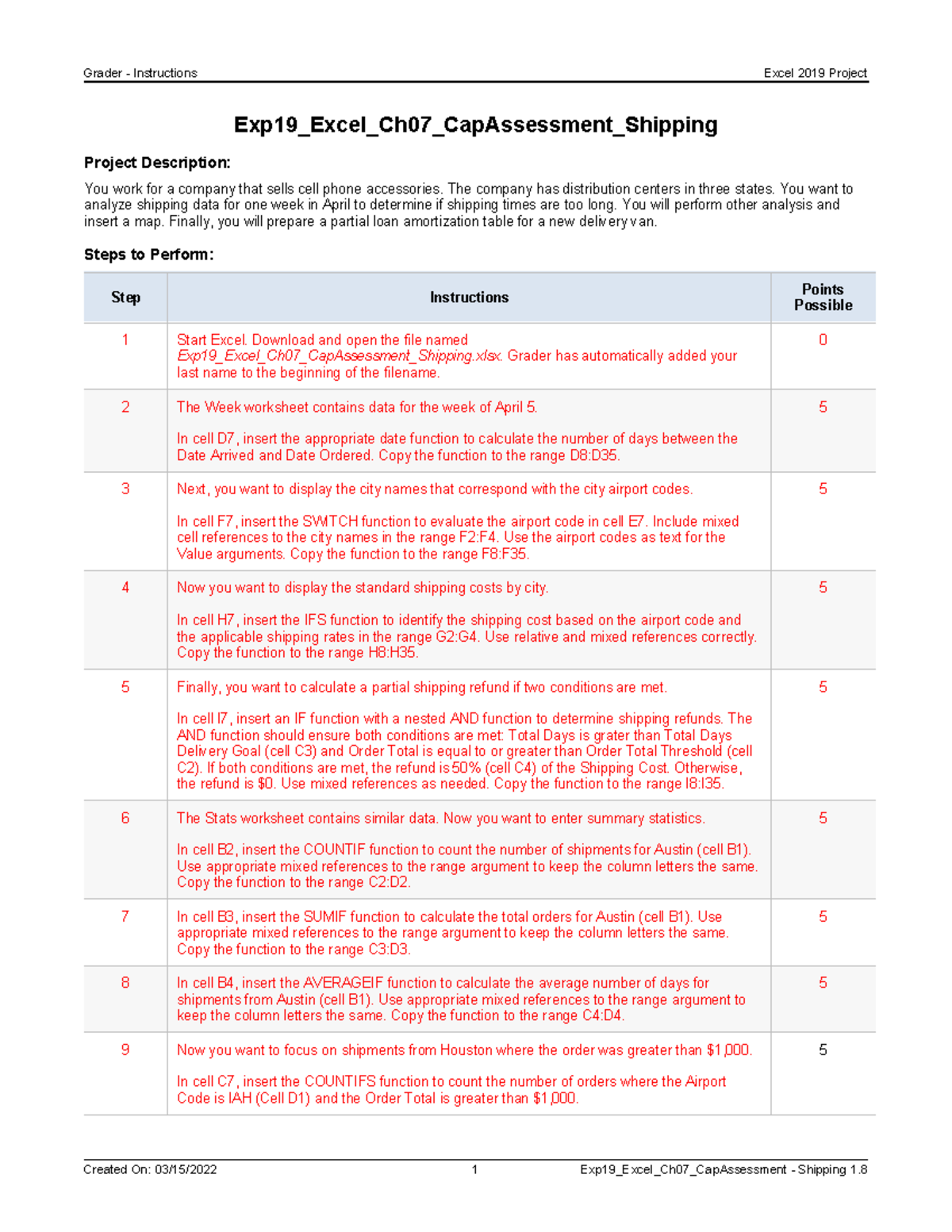 Exp19 Excel Ch07 Cap Assessment Shipping Instructions - Grader - Instructions Excel 2019 Project ...