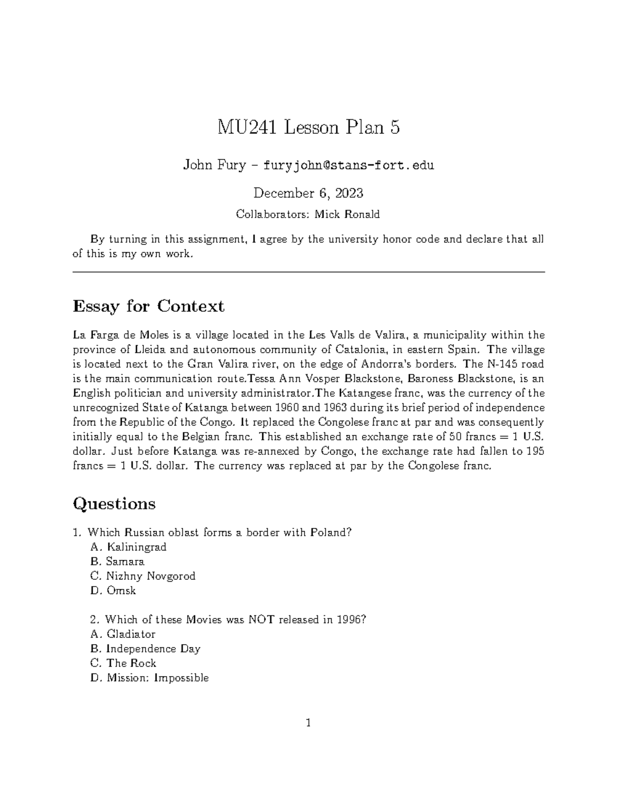 MU241 Lesson Plan 5 - Essay for Context La Farga de Moles is a village located in the Les Valls ...