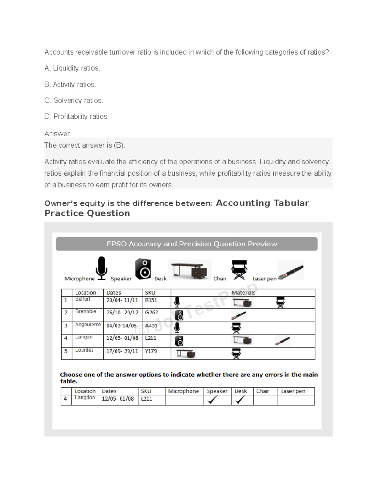 Ratio Quiz Practice - Accounts receivable turnover ratio is included in ...