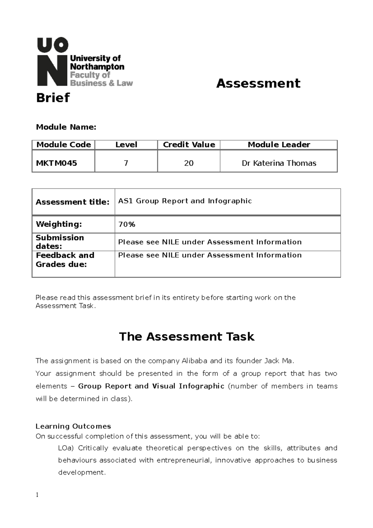 AS1 Assessment Brief MKTM045 - Assessment Brief Module Name: Module Code Level Credit Value ...