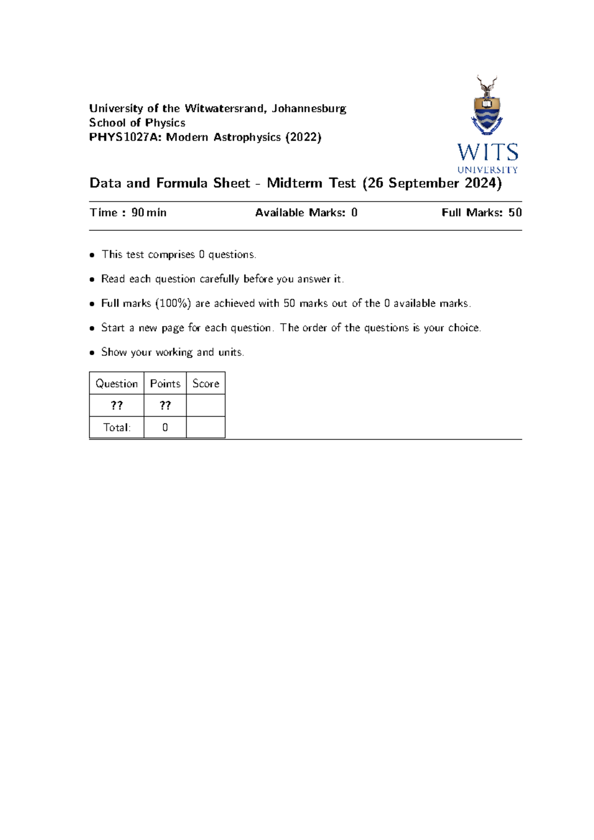 PHYS1027 Midterm test-formula-sheet - University of the Witwatersrand ...
