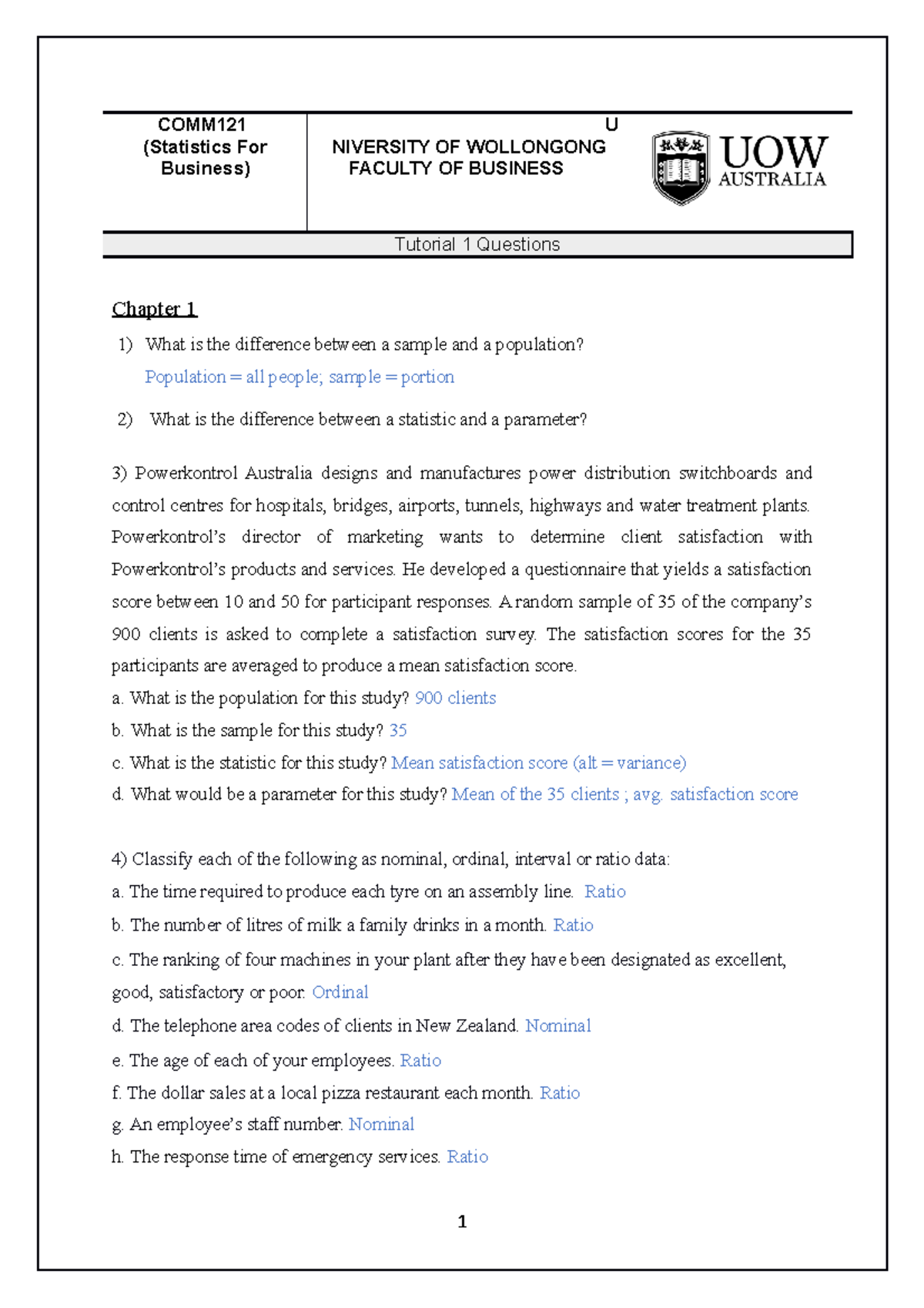 Wk 2 COMM121 T01 Questions ch 1-3 - COMM (Statistics For Business) U ...