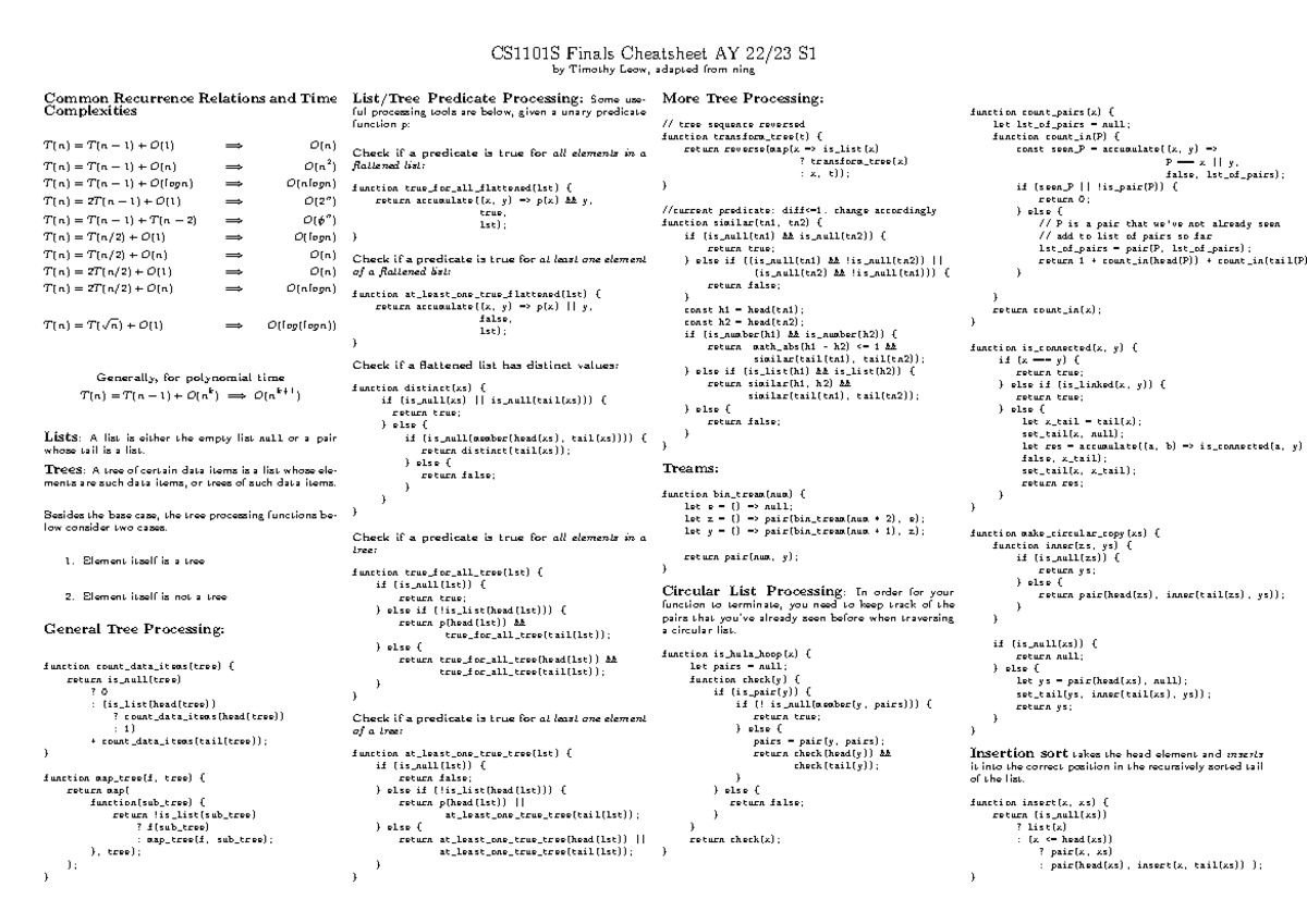 CS1101S Finals Cheatsheet - Trees: A tree of certain data items is a list whose ele- ments are ...