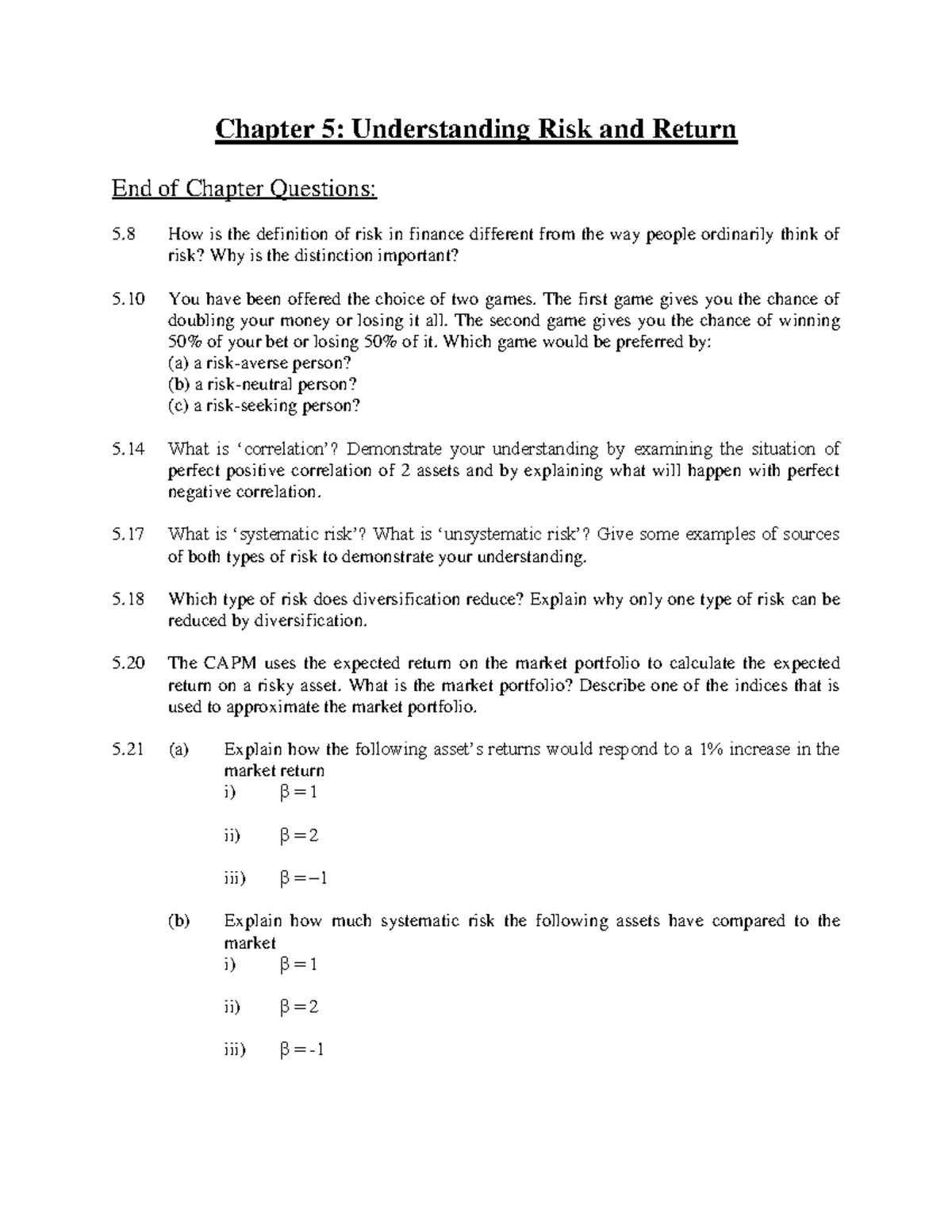 Chapter 5 Tutorial Questions - Chapter 5: Understanding Risk and Return ...