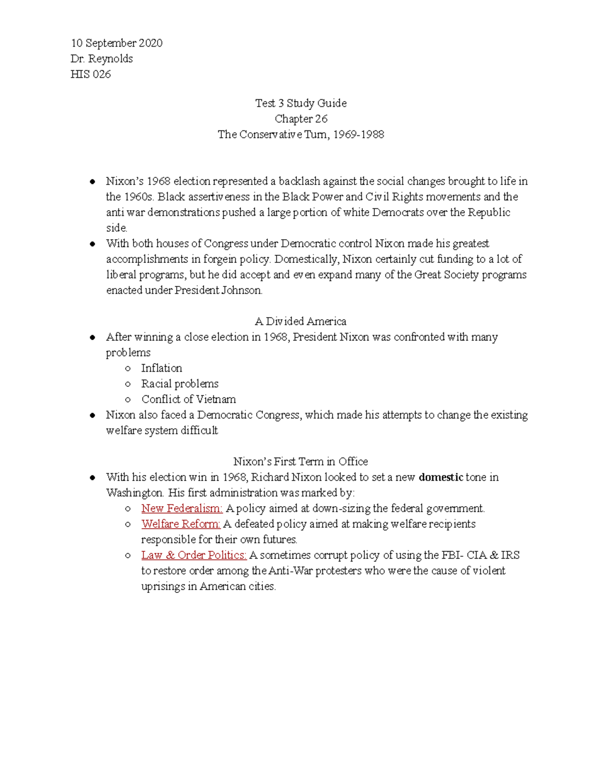 Test 3 Study Guide-HIS 26 - 10 September 2020 Dr. Reynolds HIS 026 Test ...