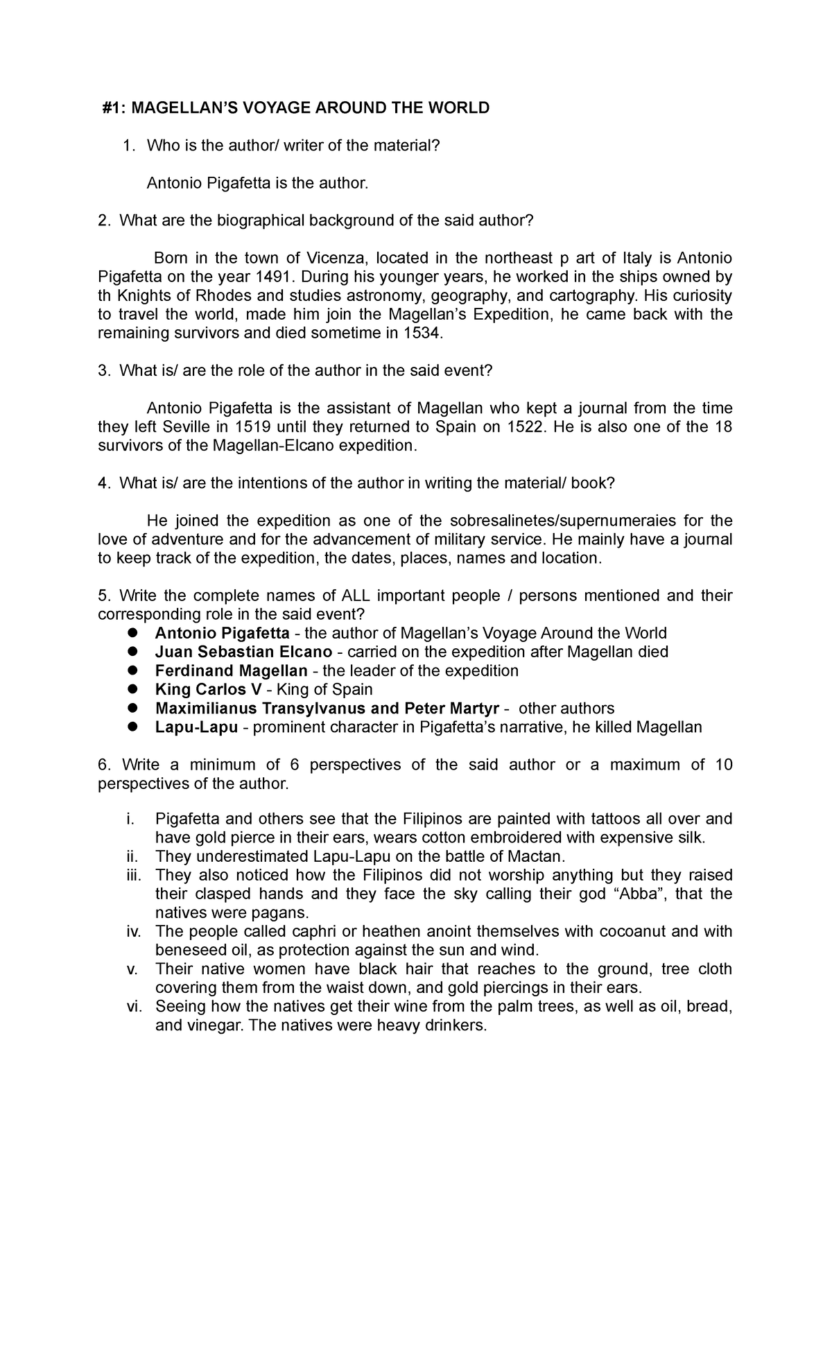 RPH Assignments - summary - #1: MAGELLAN’S VOYAGE AROUND THE WORLD Who ...