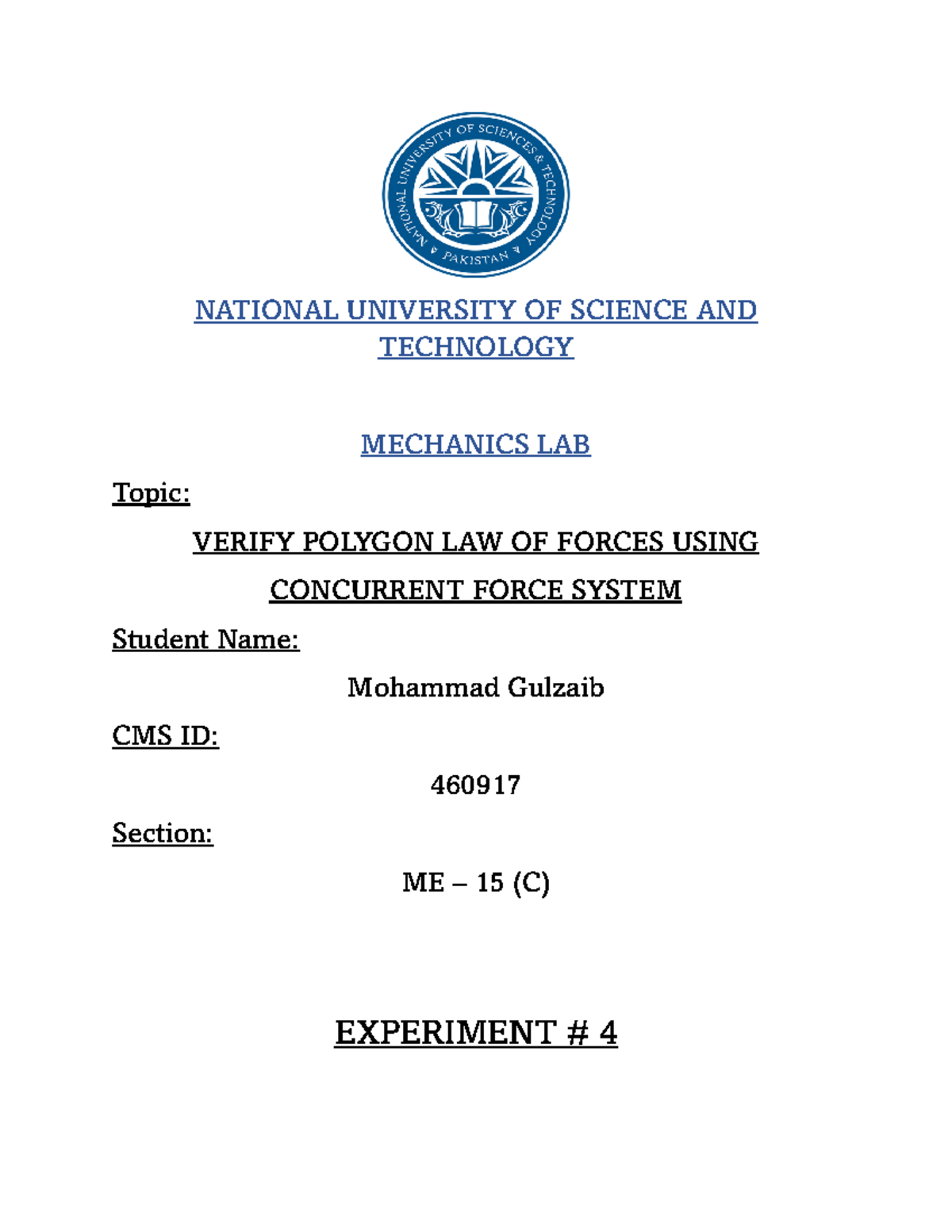 LAB report 4 - NATIONAL UNIVERSITY OF SCIENCE AND TECHNOLOGY MECHANICS ...