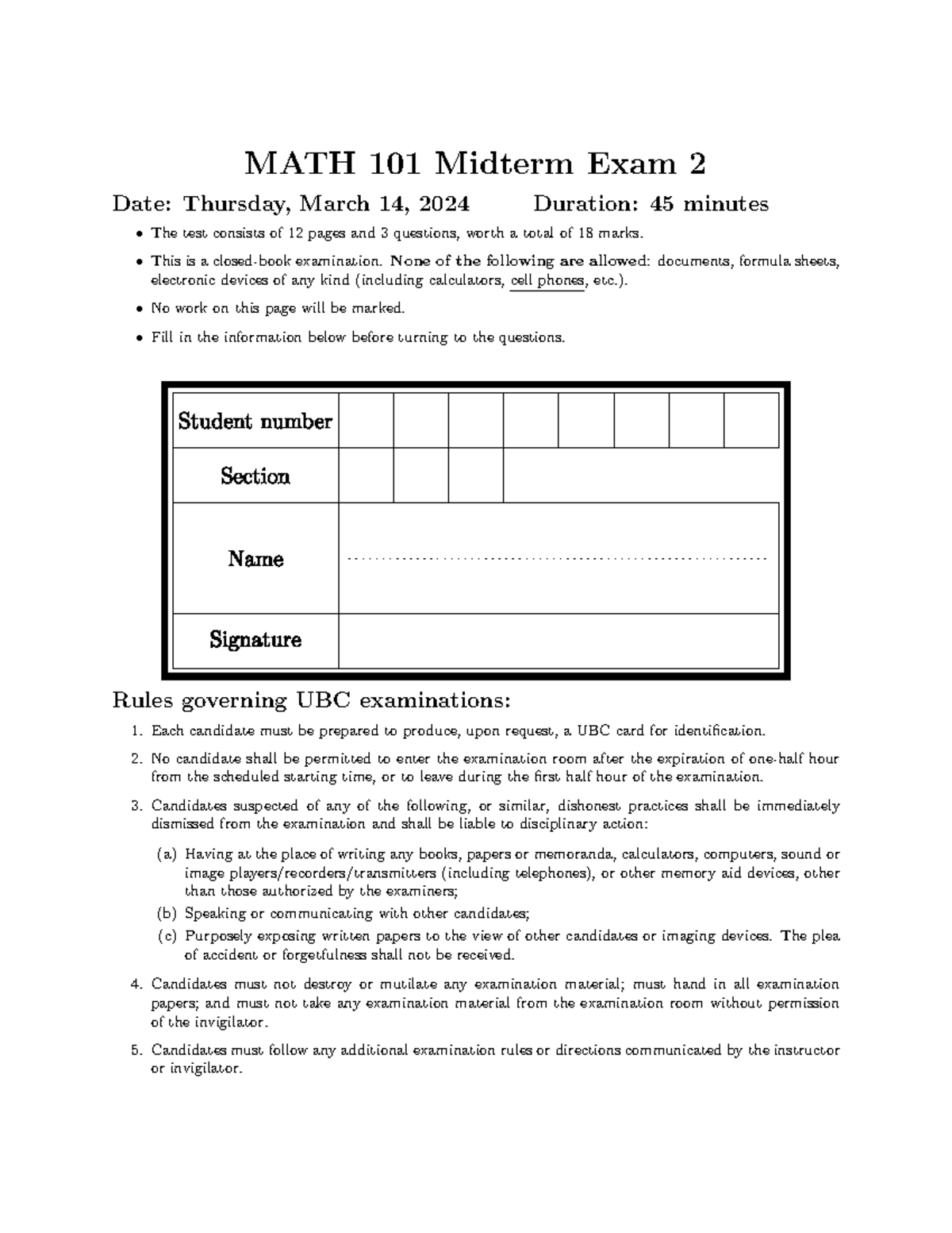 Test2 Thu14 V1 - math 101 - MATH 101 Midterm Exam 2 Date: Thursday ...
