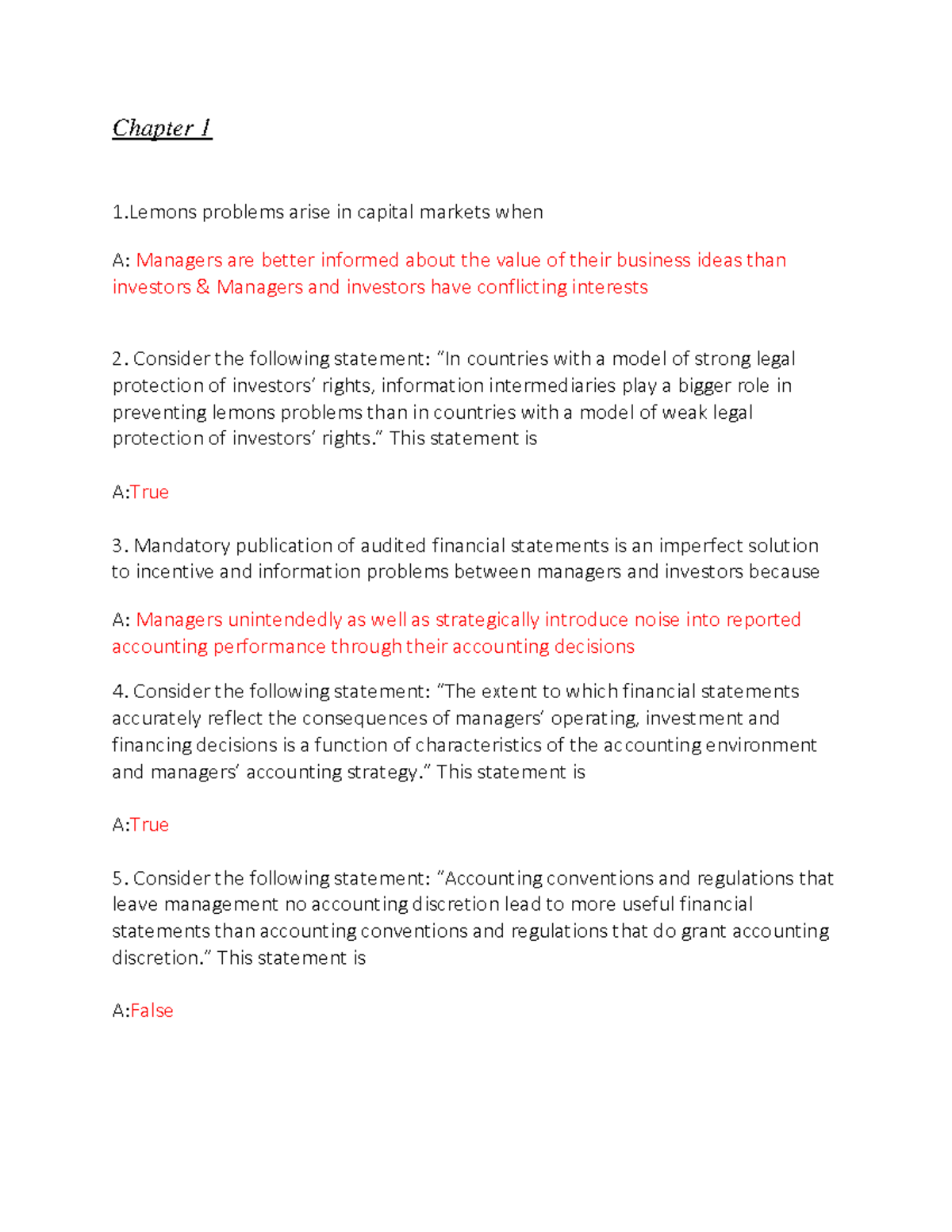 Mcq quiz 1 - Chapter 1 Lemons problems arise in capital markets when A ...