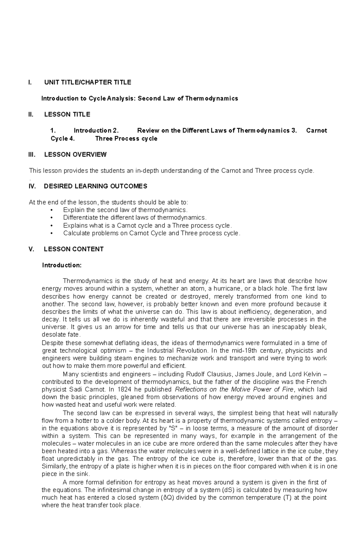 Thermo 1 Module 6 - I. UNIT TITLE/CHAPTER TITLE Introduction to Cycle ...