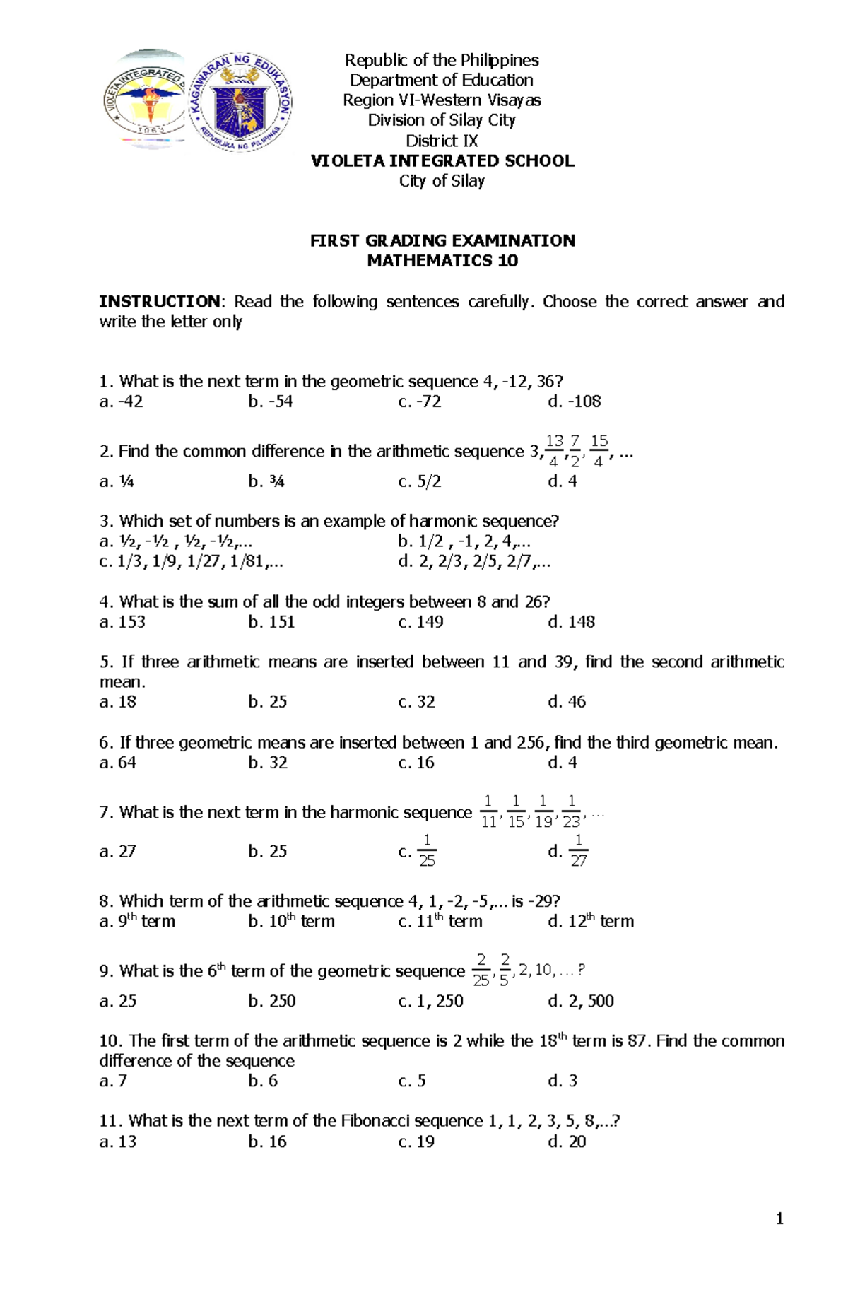 math-10-1st-quarter-exam - Republic of the Philippines Department of ...