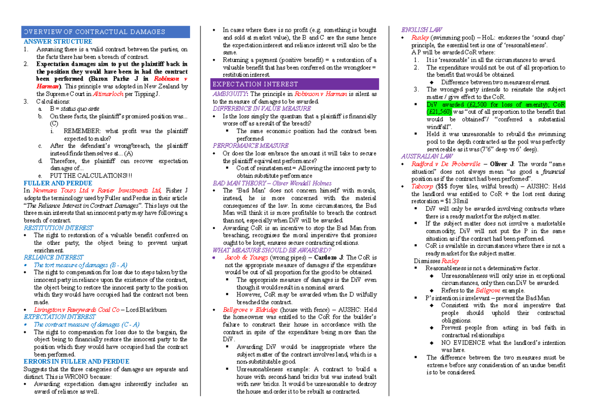 Final contract cheatsheet - OVERVIEW OF CONTRACTUAL DAMAGES ANSWER STRUCTURE Assuming there is a ...