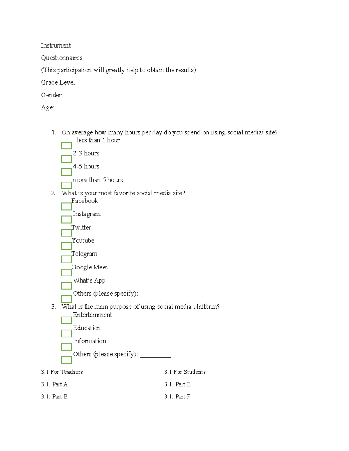 Instrument For Action Based Research - Instrument Questionnaires (This ...
