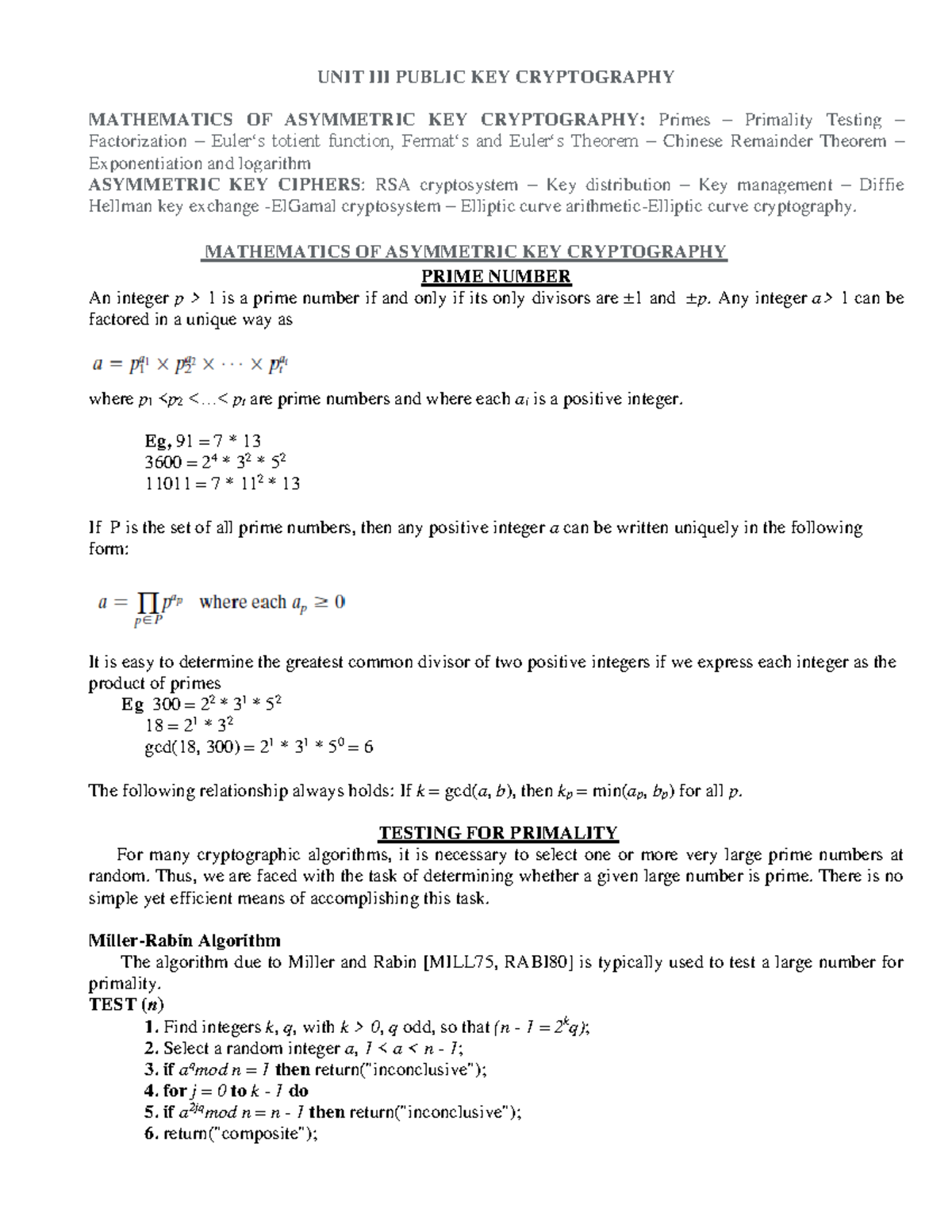 Unit3 Notes Unit Iii Public Key Cryptography Mathematics Of Asymmetric Key Cryptography