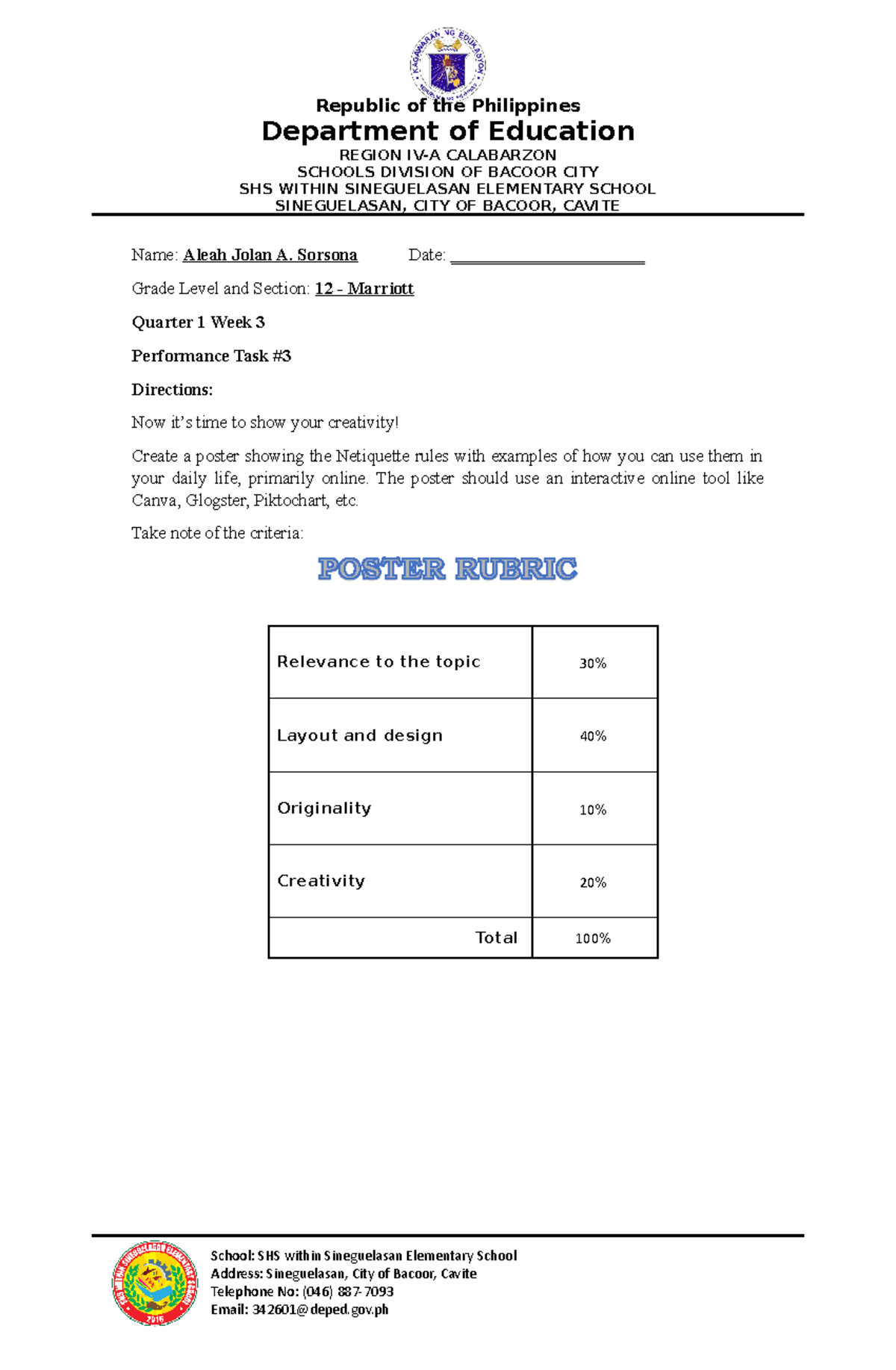 Quarter 1 Performance Task #3 Sorsona - Republic of the Philippines ...